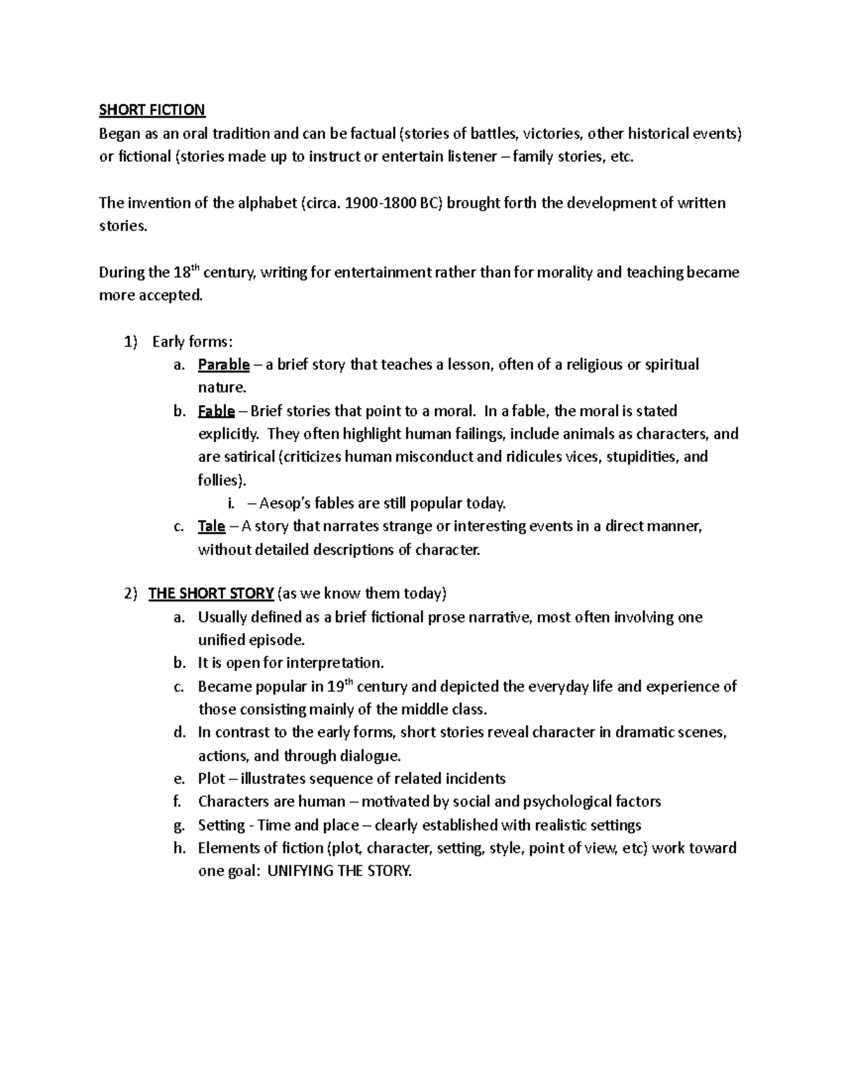 Short Story notes and vocabulary - SHORT FICTION Began as an oral ...