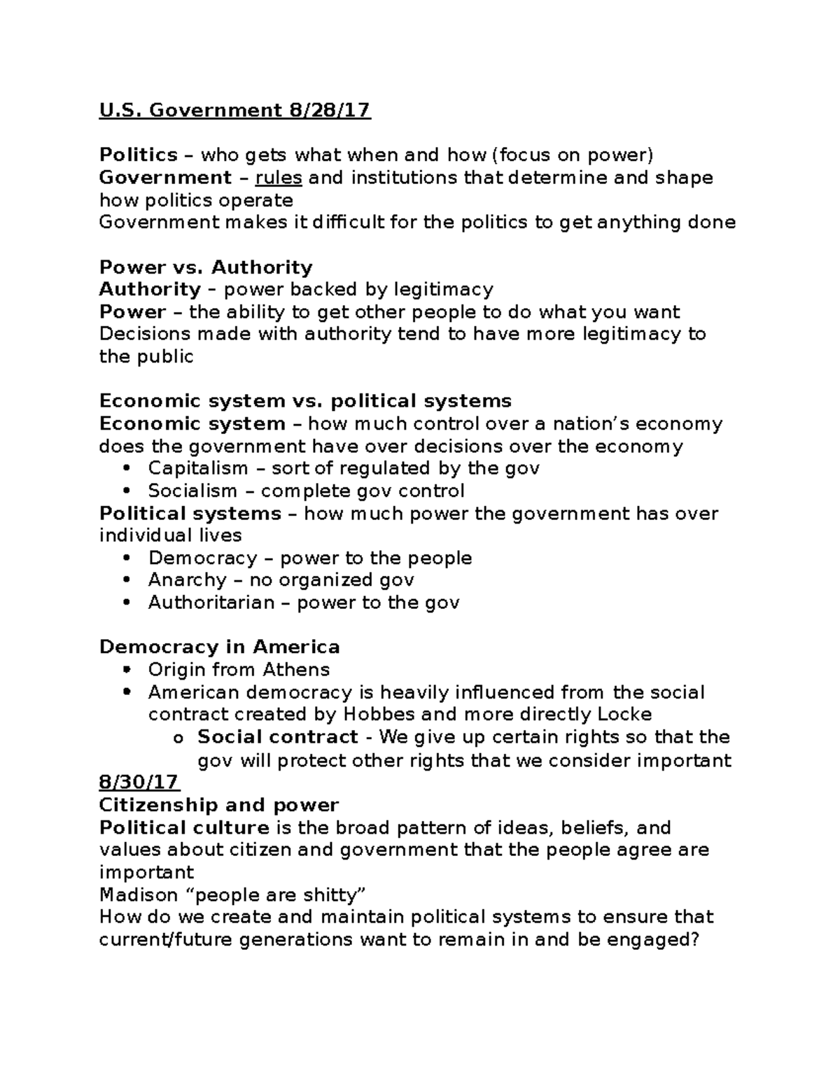 Notes Test 1 US Gov - John Aughenbaugh - U. Government 8/28/17 Politics ...