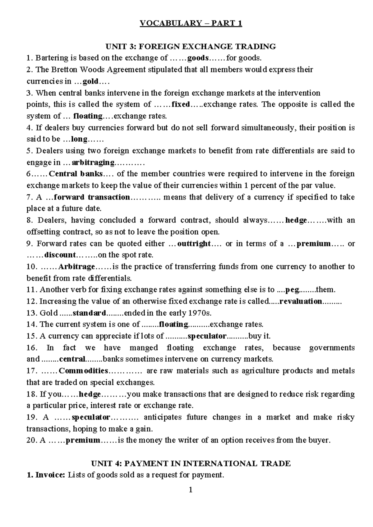 Vocabulary + PART 1 - VOCABULARY – PART 1 UNIT 3: FOREIGN EXCHANGE ...