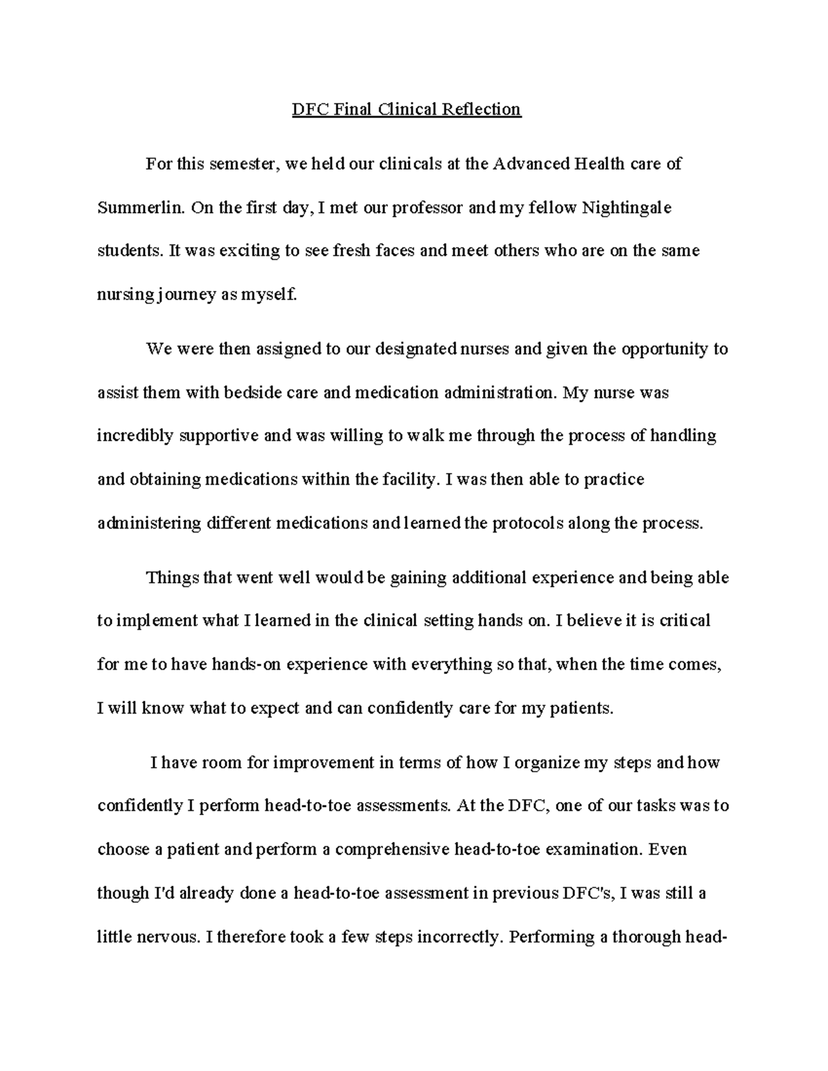 Final clinical reflection - DFC Final Clinical Reflection For this ...