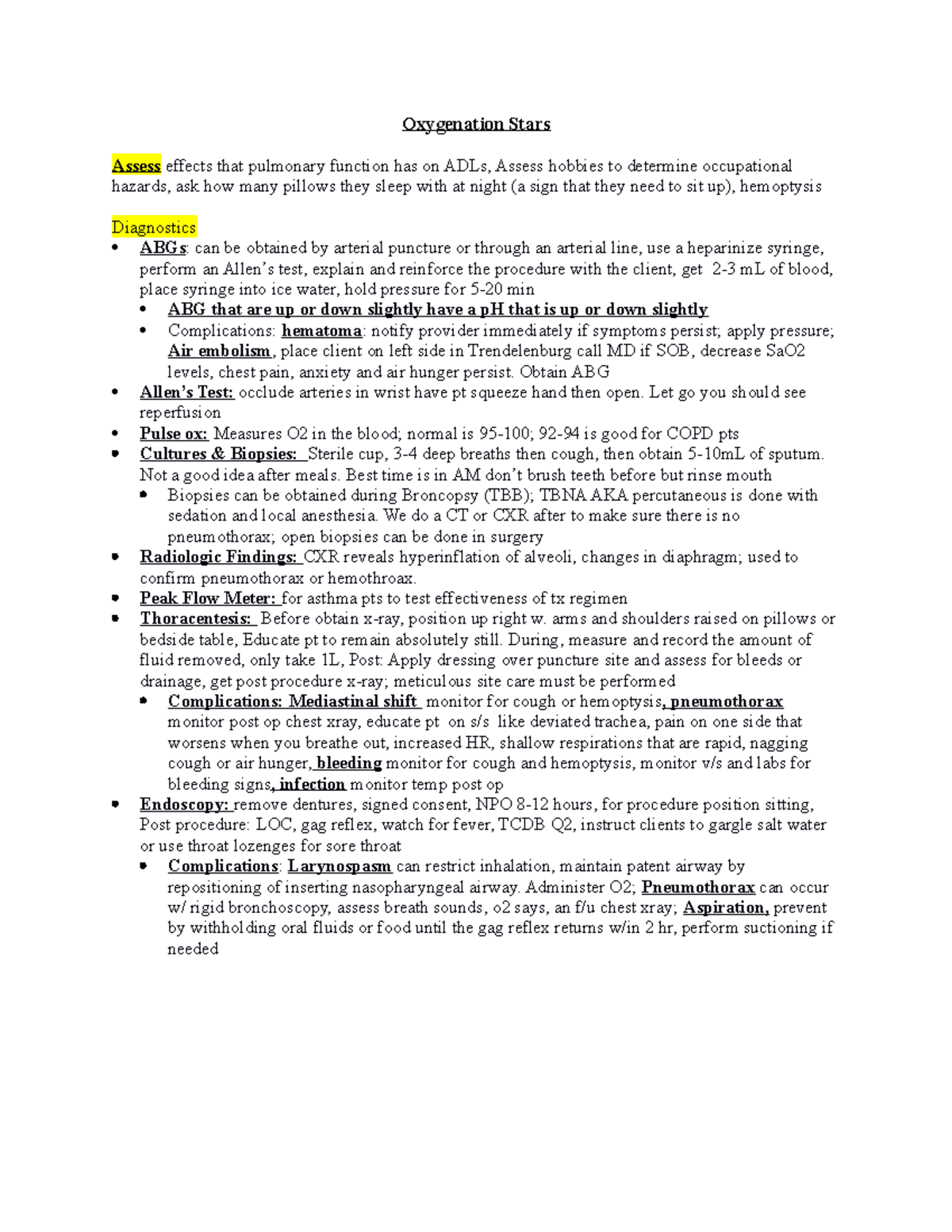 Oxygenation Stars - Respiratory - Oxygenation Stars Assess effects that ...