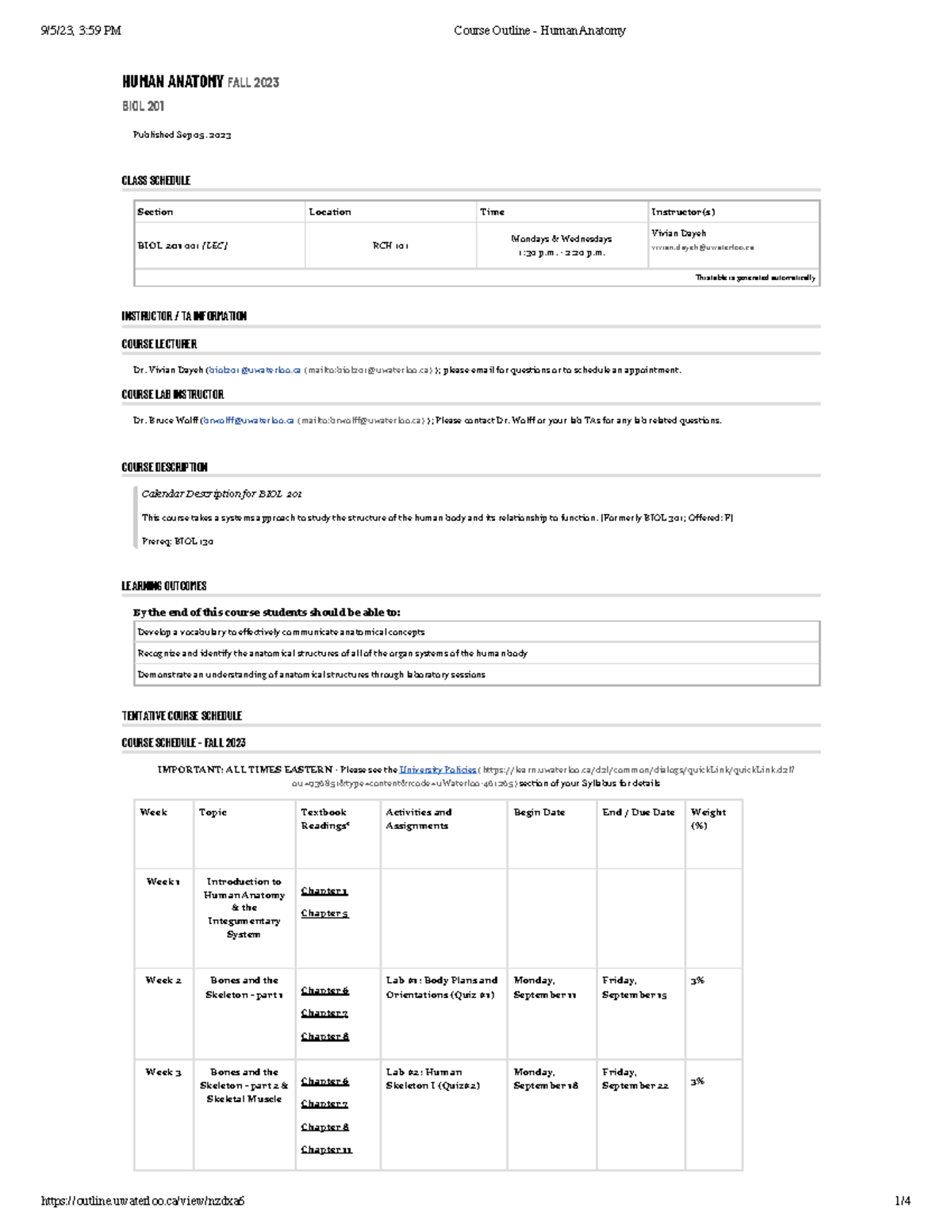 Course Outline - Human Anatomy Fall 2023 - HUMAN ANATOMY FALL 2023 BIOL ...