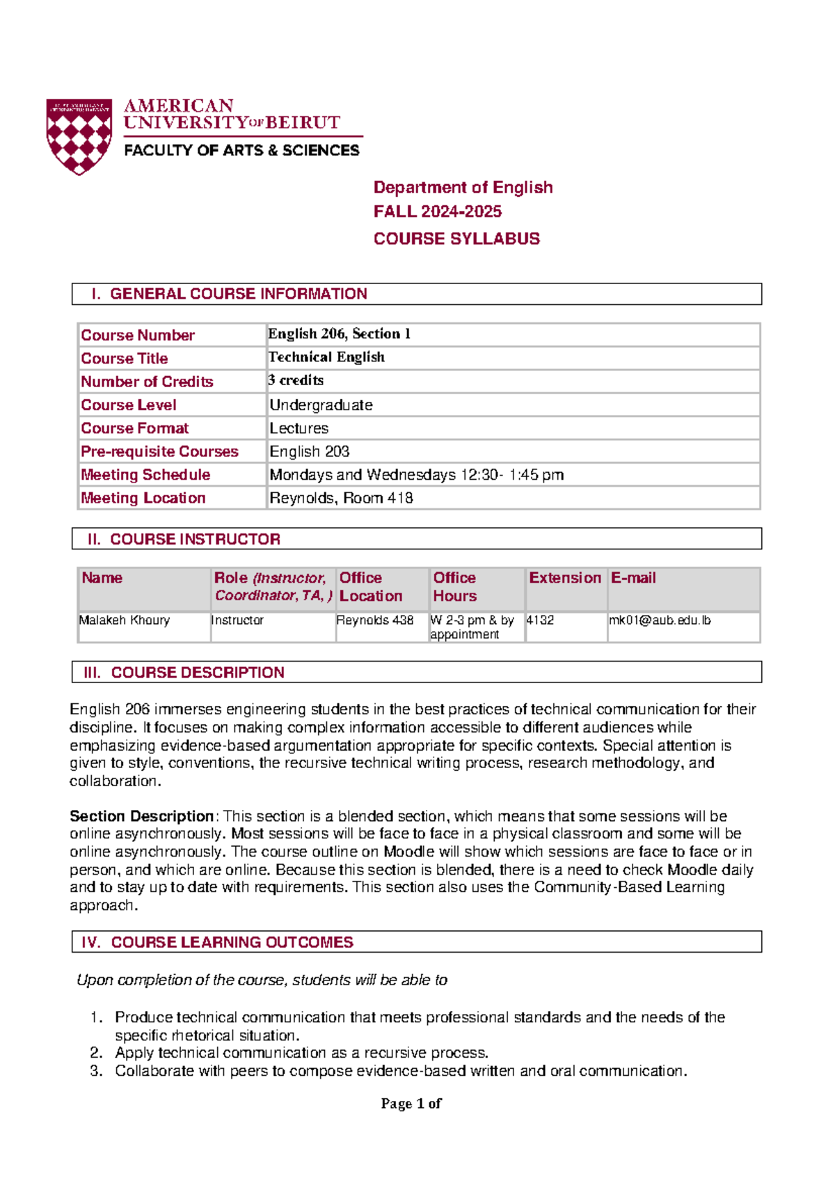ENGL 206 Syllabus Fall 2024-25, M. Khoury, Sect. 1 - Page 1 of ...