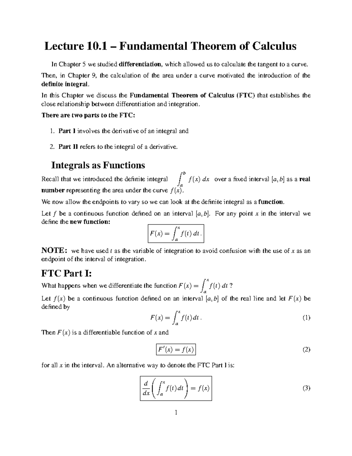 Lecture Summary 10 - Lecture 10 – Fundamental Theorem of Calculus In Chapter 5 we studied - Studocu
