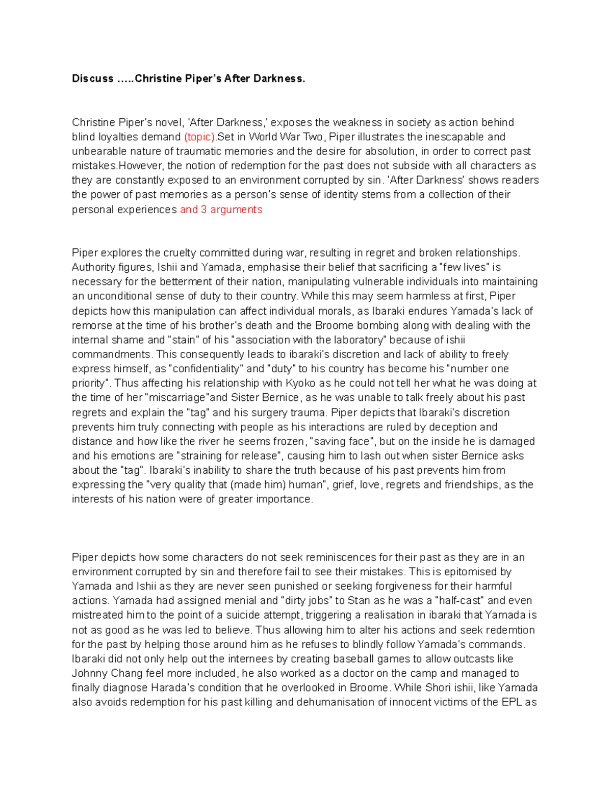 AD prac essay 3 - Discuss .... Piper’s After Darkness. Christine Piper ...