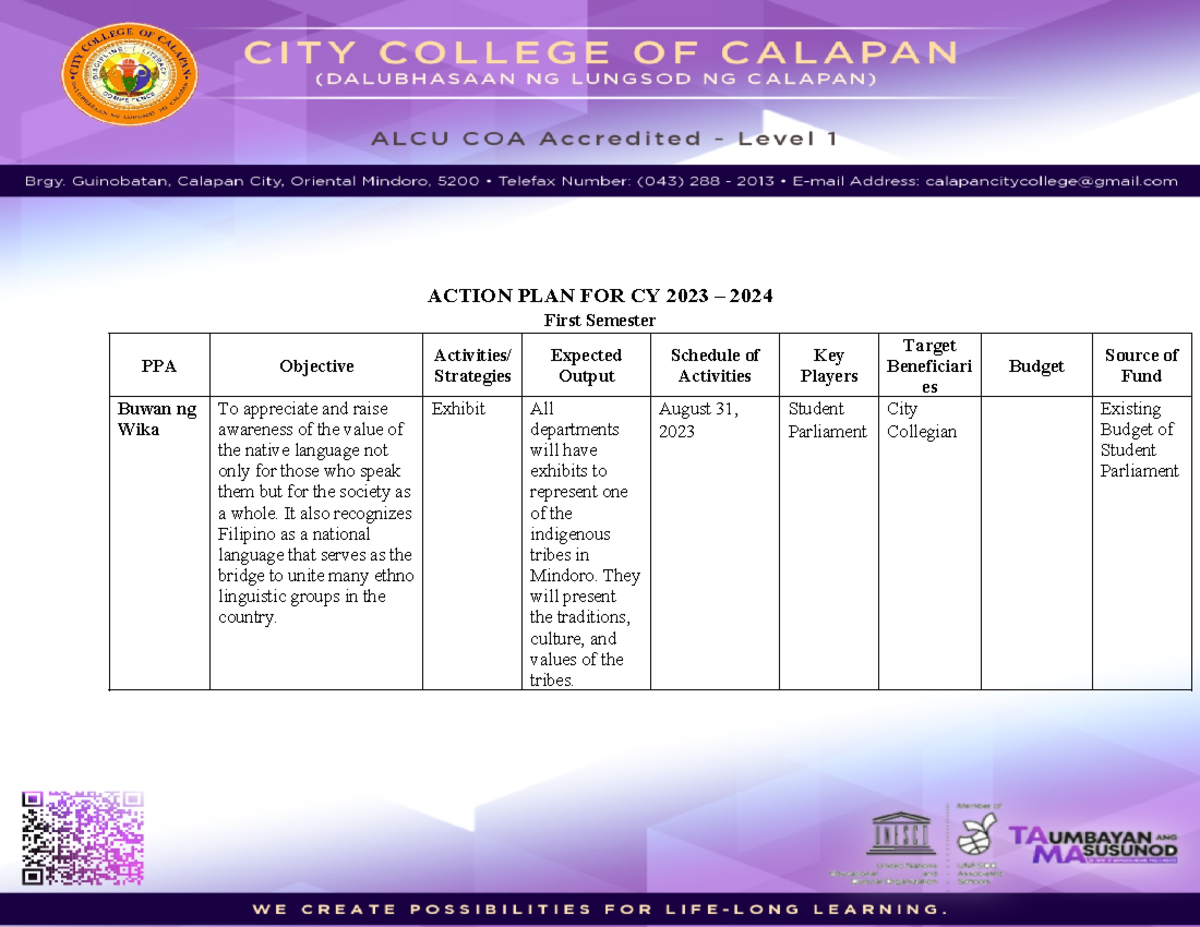 Action PLAN FOR CY 2023 - Academic Purposes - ACTION PLAN FOR CY 2023 – 2024 First Semester PPA ...
