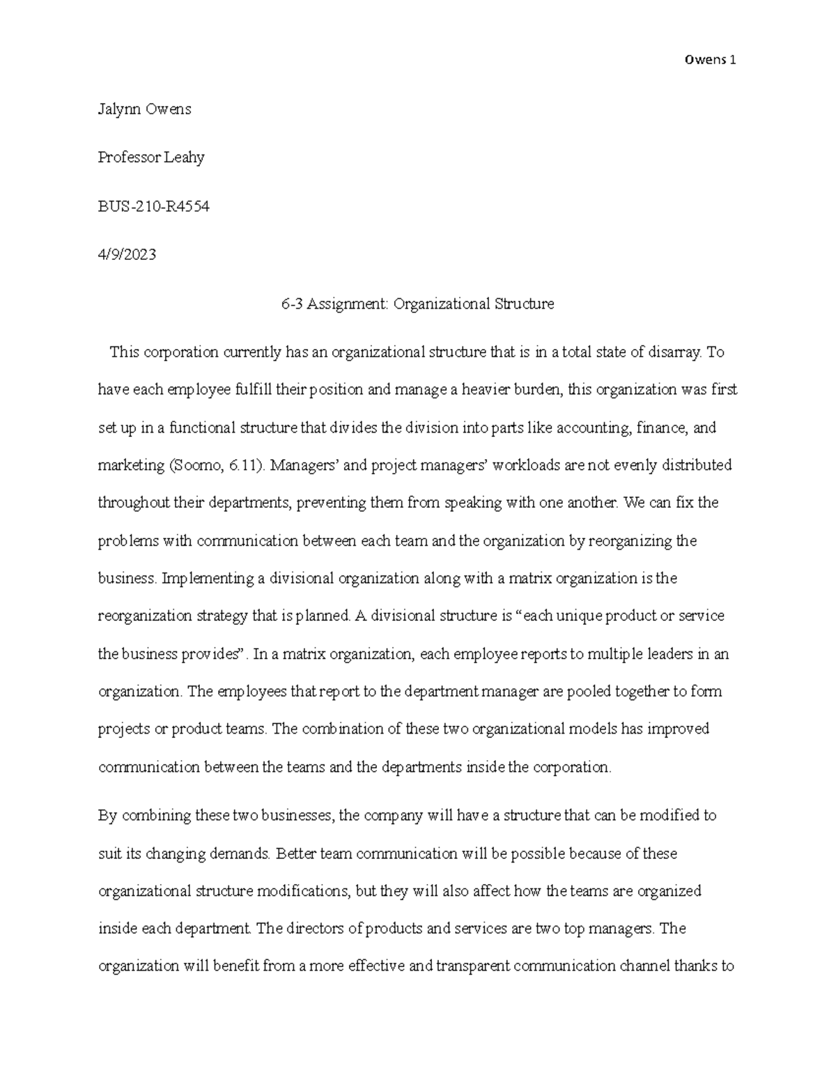 6-3 Assignment Organizational Structures - To have each employee ...