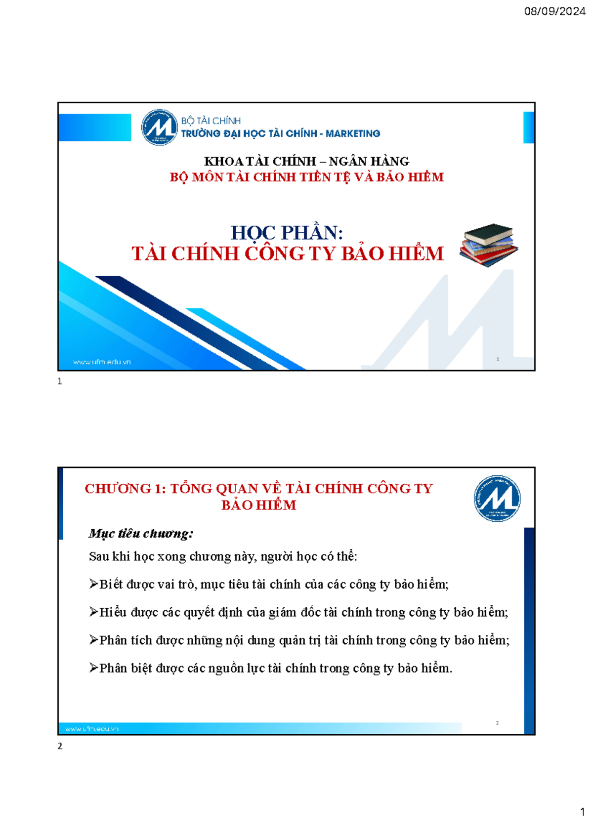 SV Slide BAI Giang Chuong 1 + Chuong 2 - 1 HỌC PHẦN: TÀI CHÍNH CÔNG TY BẢO HIỂM KHOA TÀI CHÍNH ...