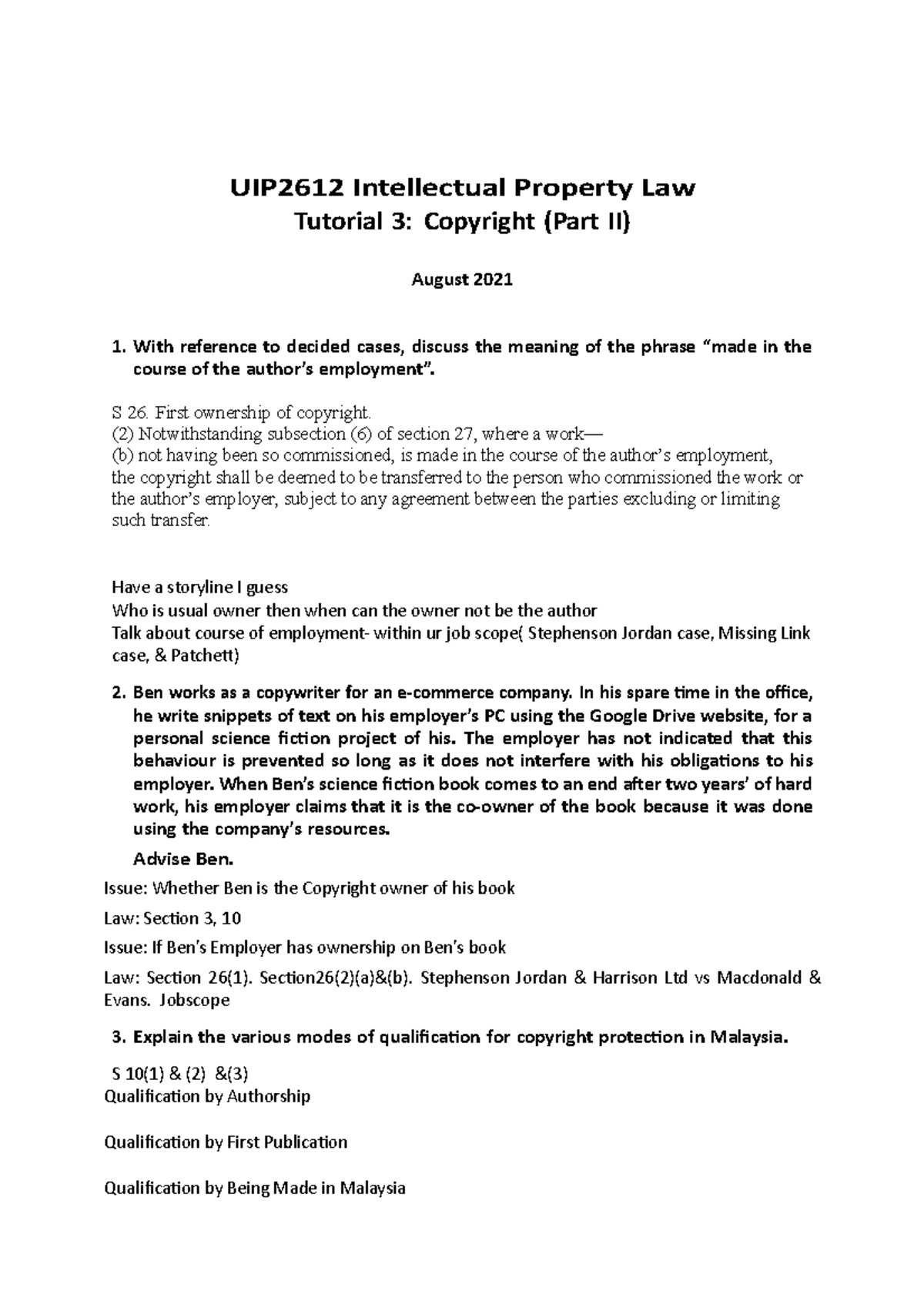 UIP2612 - Tutorial 3 (Copyright II) - UIP2612 Intellectual Property Law ...