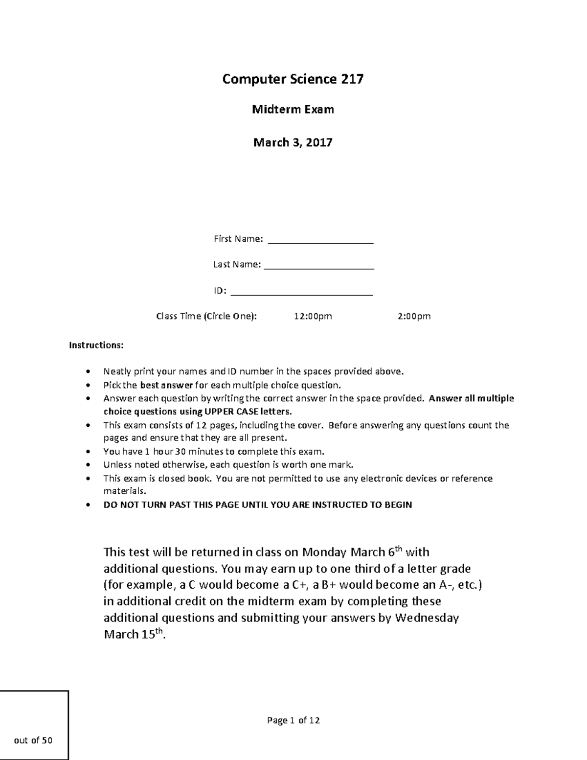 Midterm Exam 2017, questions - Computer Science 217 Midterm Exam March ...