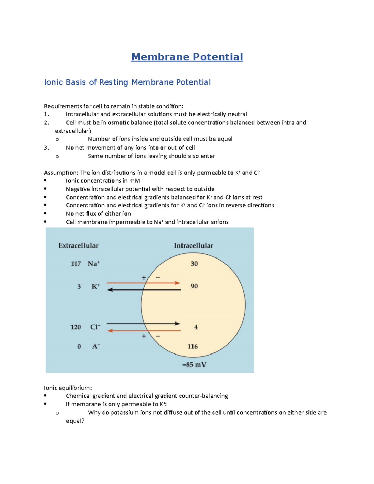 3. Membrane Potential - Lecture notes 8-9 - Membrane Potential Ionic ...
