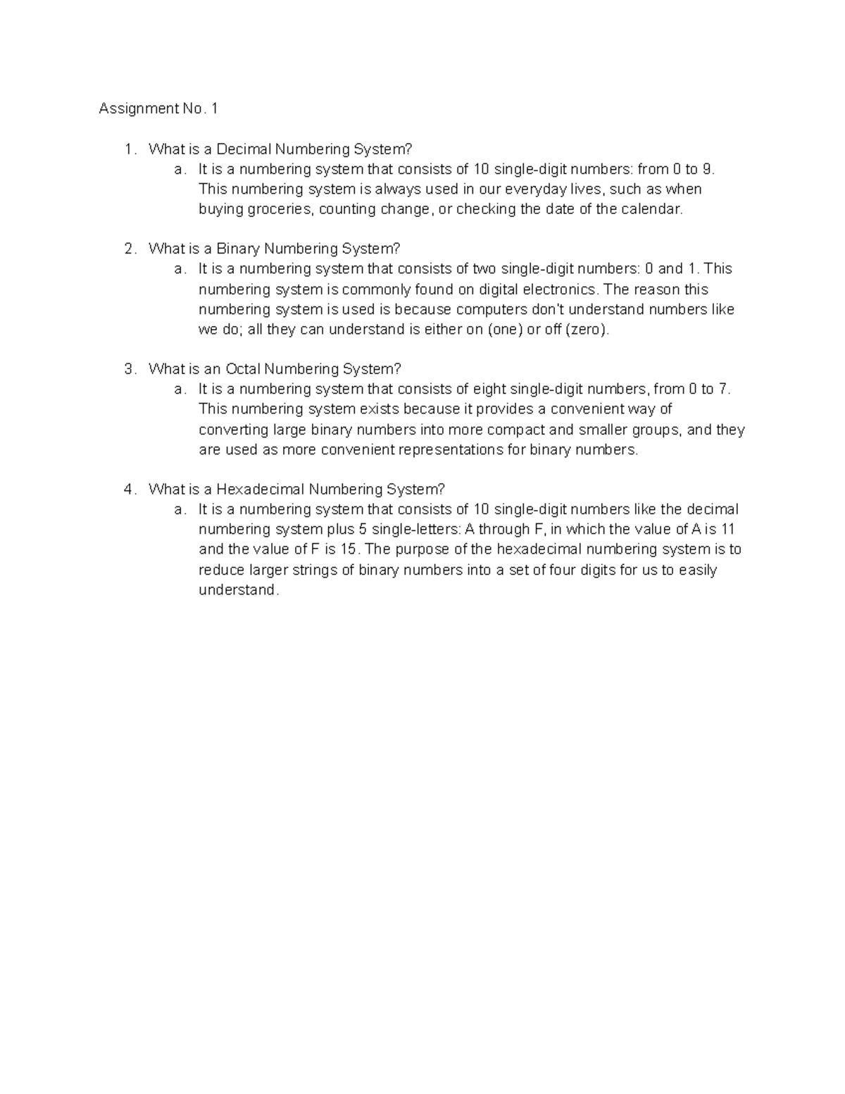 Definition of Common Number Systems - Assignment No. 1 What is a ...