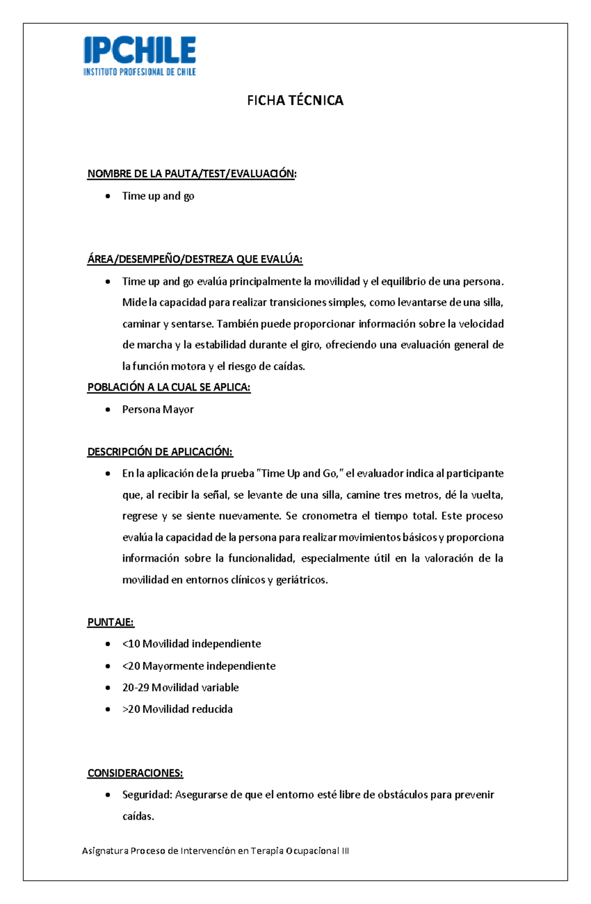 Ficha Y Pauta TIME UP AND GO - Asignatura Proceso de Intervención en ...