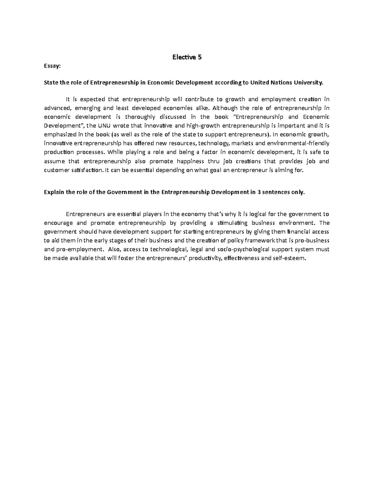 Elec-5 - ser - Elective 5 Essay: State the role of Entrepreneurship in ...