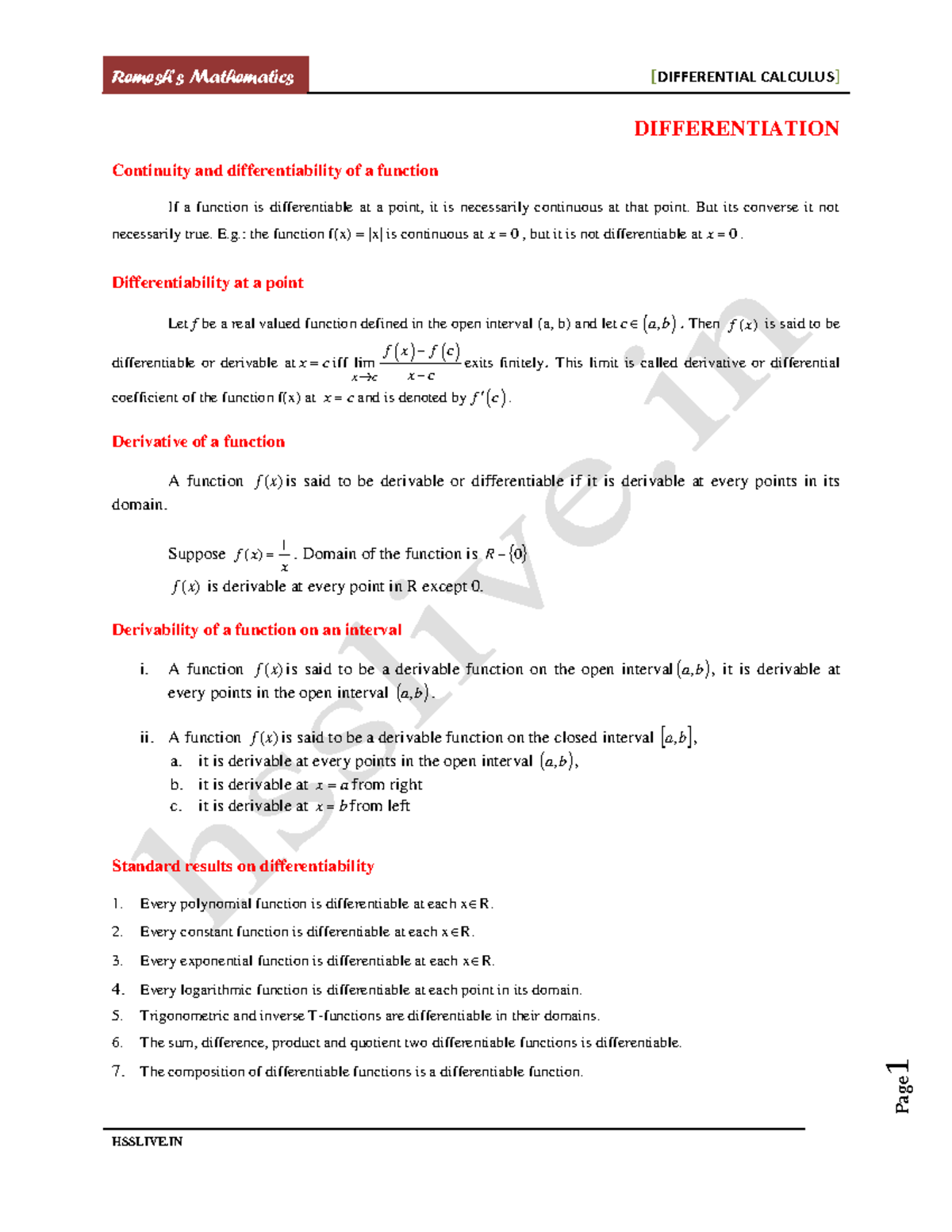 Differentiability OF A FUN NOTE hsslive - Page 1 DIFFERENTIATION Continuity and ...