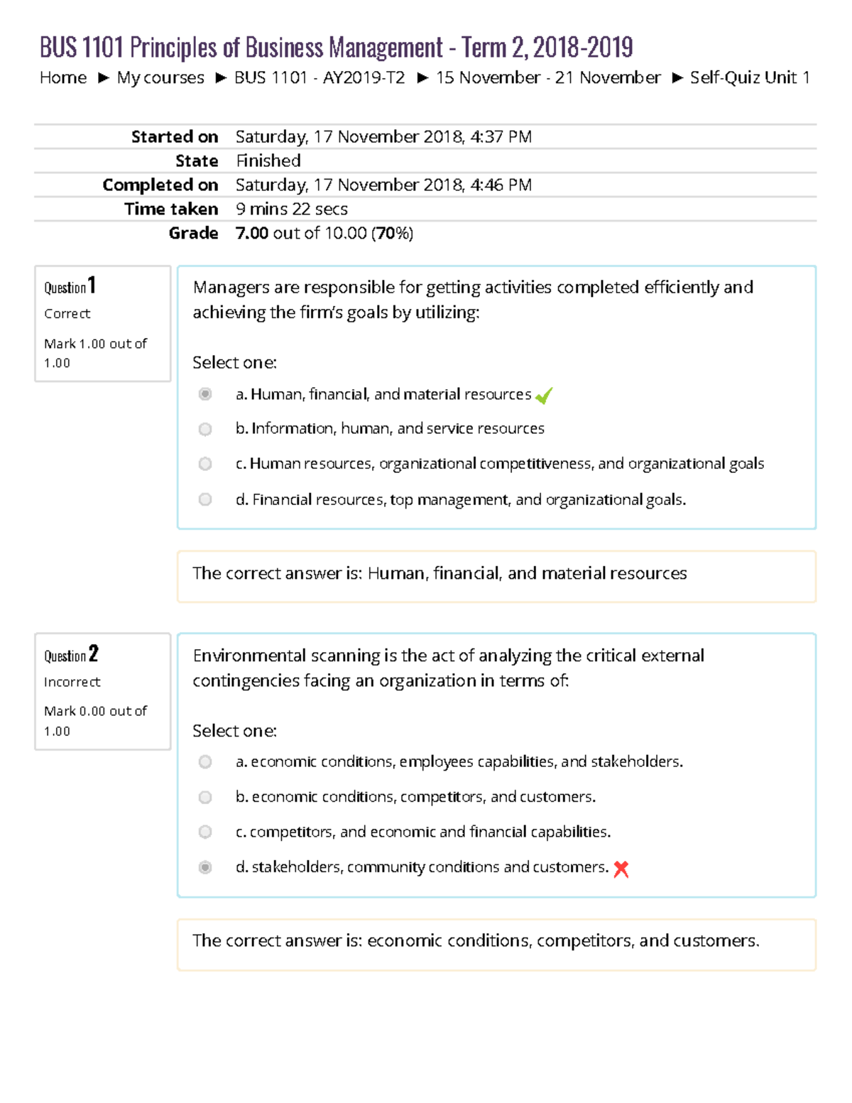 Self-Quiz Unit 1 - 7 out of 10 - BUS 1101 - UoPeople - Studocu