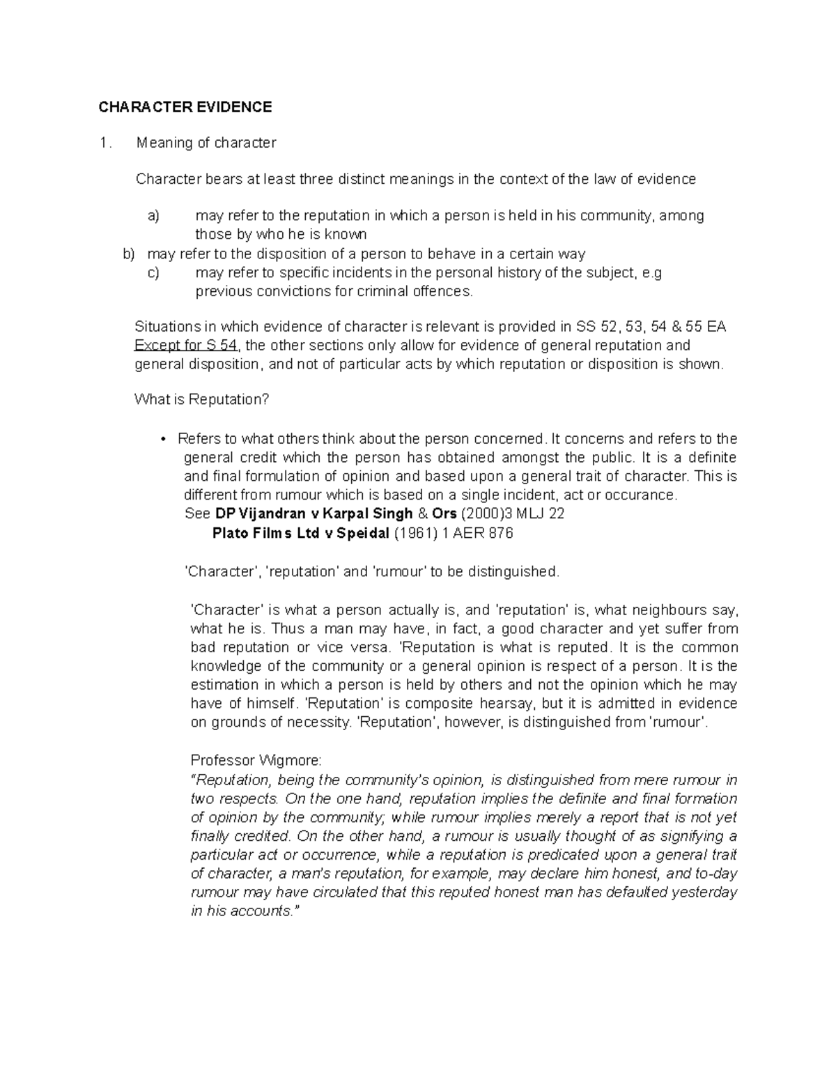 Character Evidence - Lecture notes 1 - CHARACTER EVIDENCE Meaning of ...