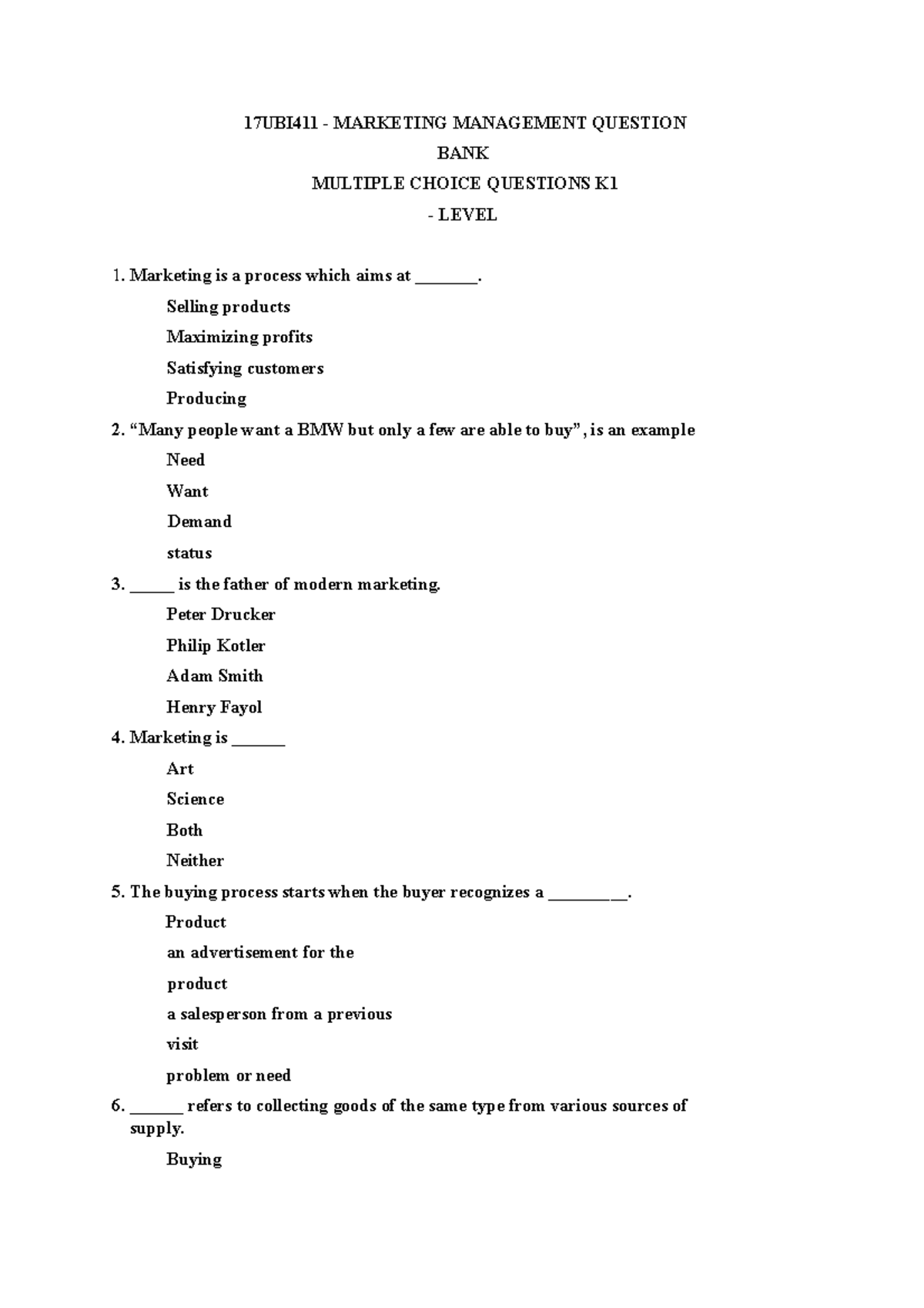 Retail Marketing practise questions - 17UBI411 - MARKETING MANAGEMENT ...