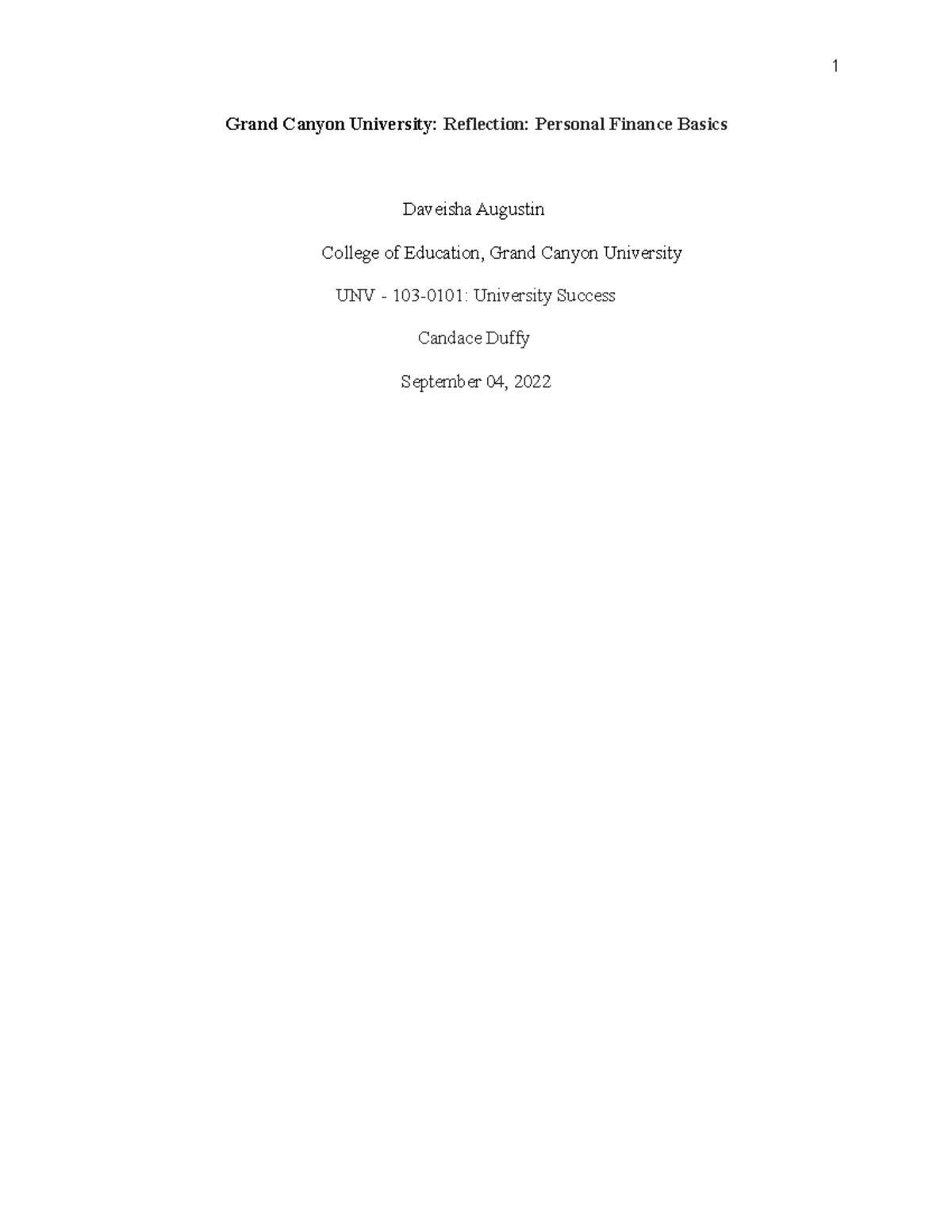 Reflection Personal Finance Basics - Grand Canyon University ...