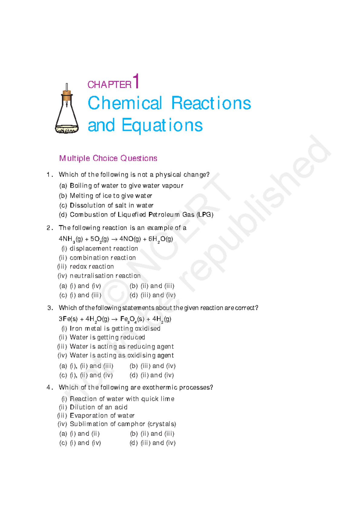 Chemical reactions and equations - Multiple Choice Q uestions 1. Which ...
