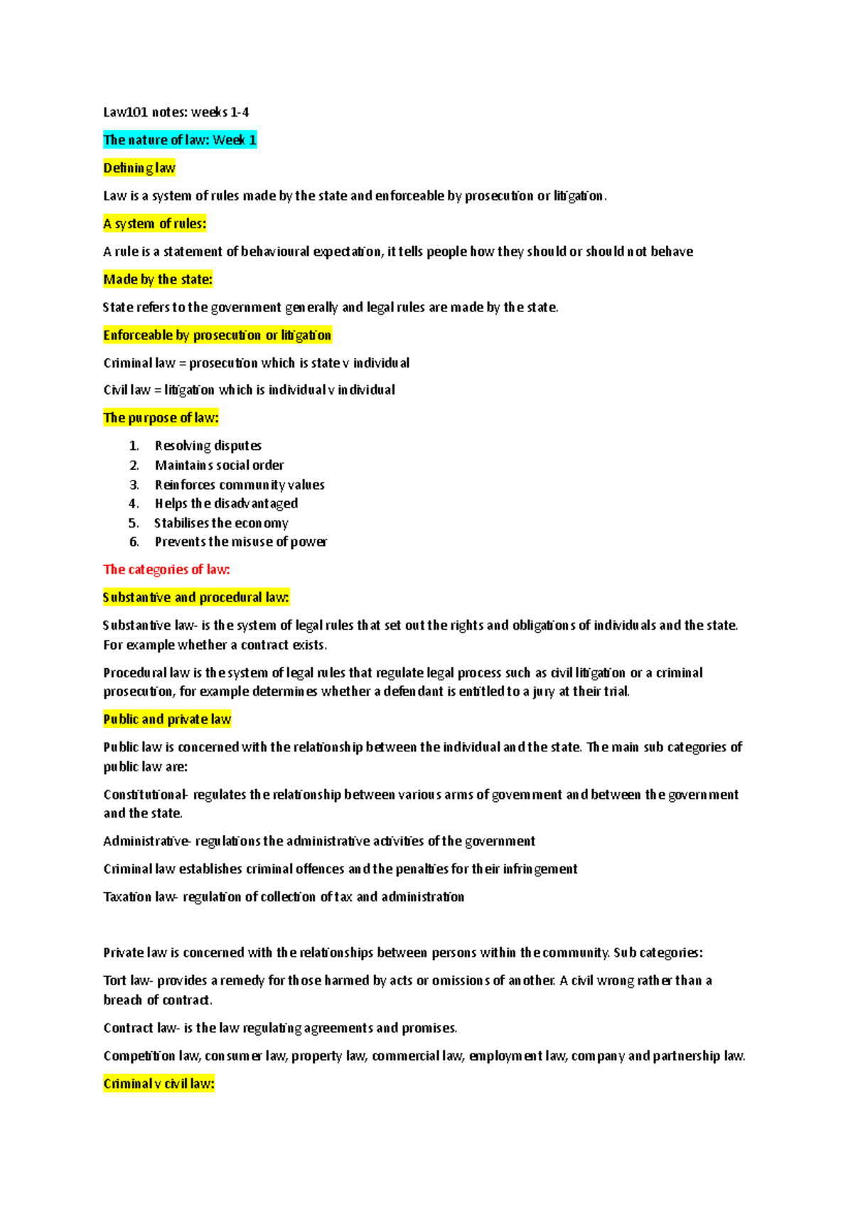 Law101 notes - A system of rules: A rule is a statement of behavioural ...