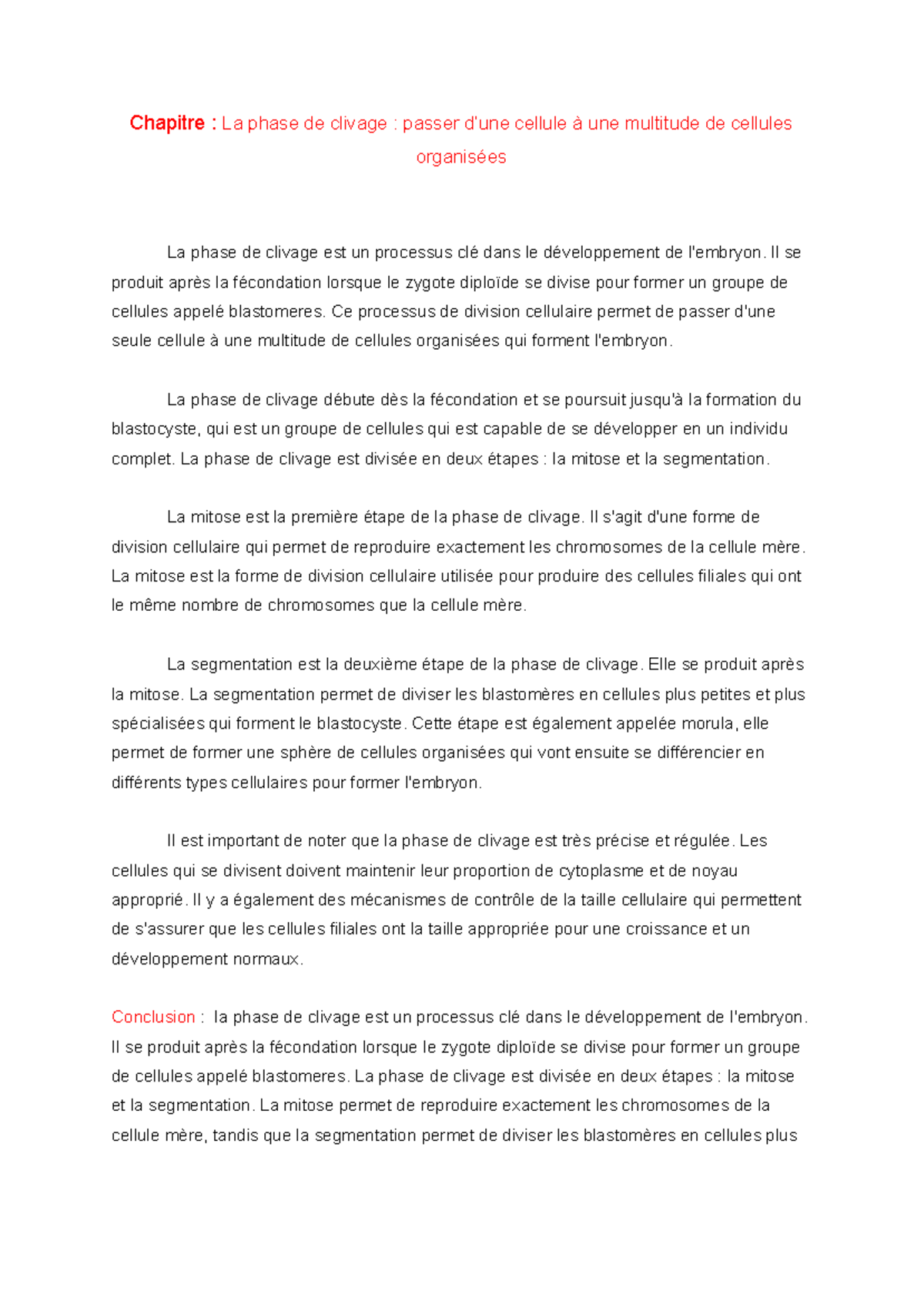 Phase de clivage et processus de formations des organes - Chapitre : La ...