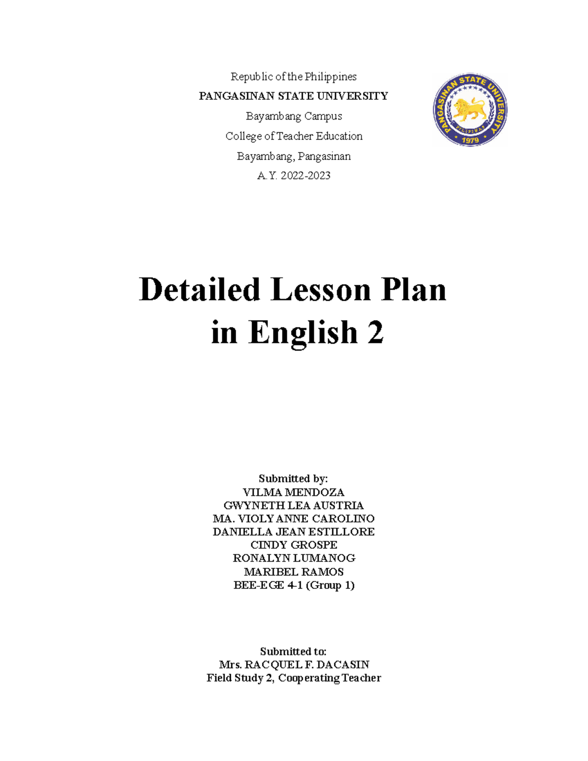 DLP IN ENglish 2 Group 1 BEE EGE 4 1 - Republic of the Philippines ...