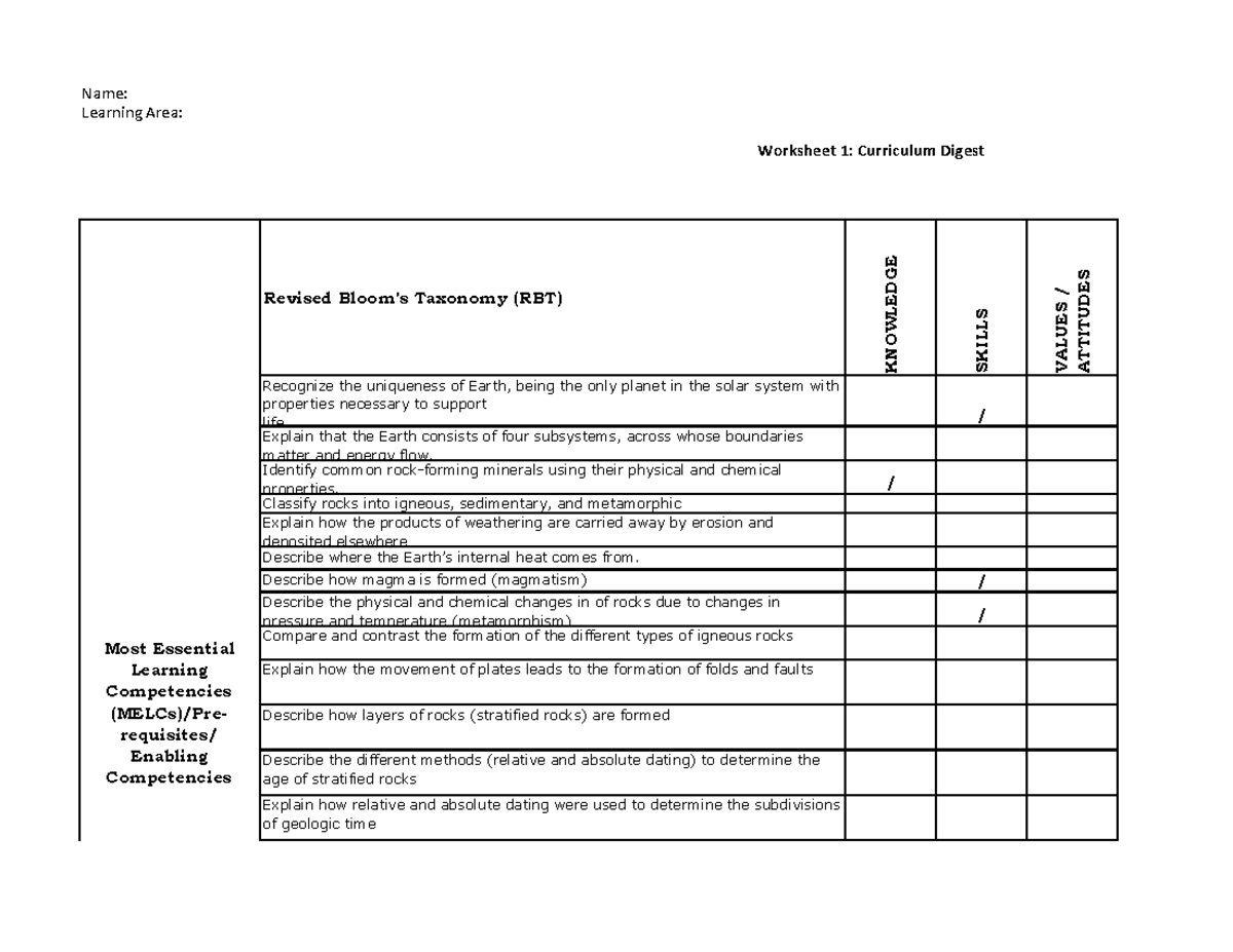 TOS SHS-CORE-Erath and Life Science - Revised Bloom's Taxonomy (RBT ...