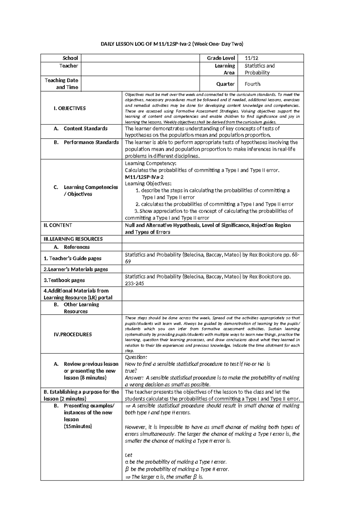 SP IV-2 - STATISTICS AND PROBABILITY - DAILY LESSON LOG OF M11/12SP-Iva ...
