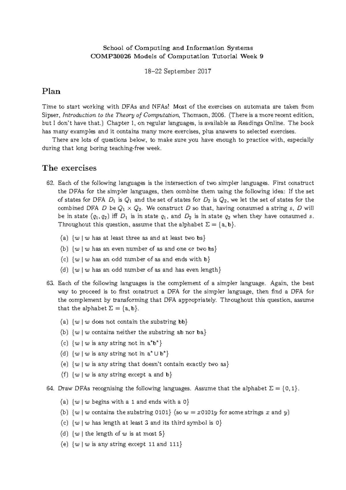 Tute09 - tut9 - School of Computing and Information Systems COMP30026 Models of Computation ...
