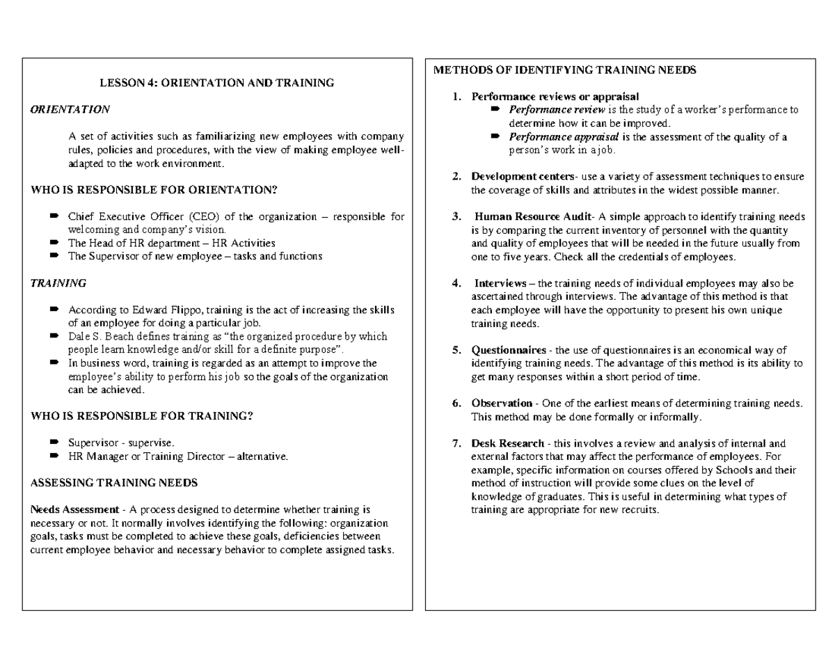 HRM Orientation AND Training LECTURE - LESSON 4: ORIENTATION AND ...
