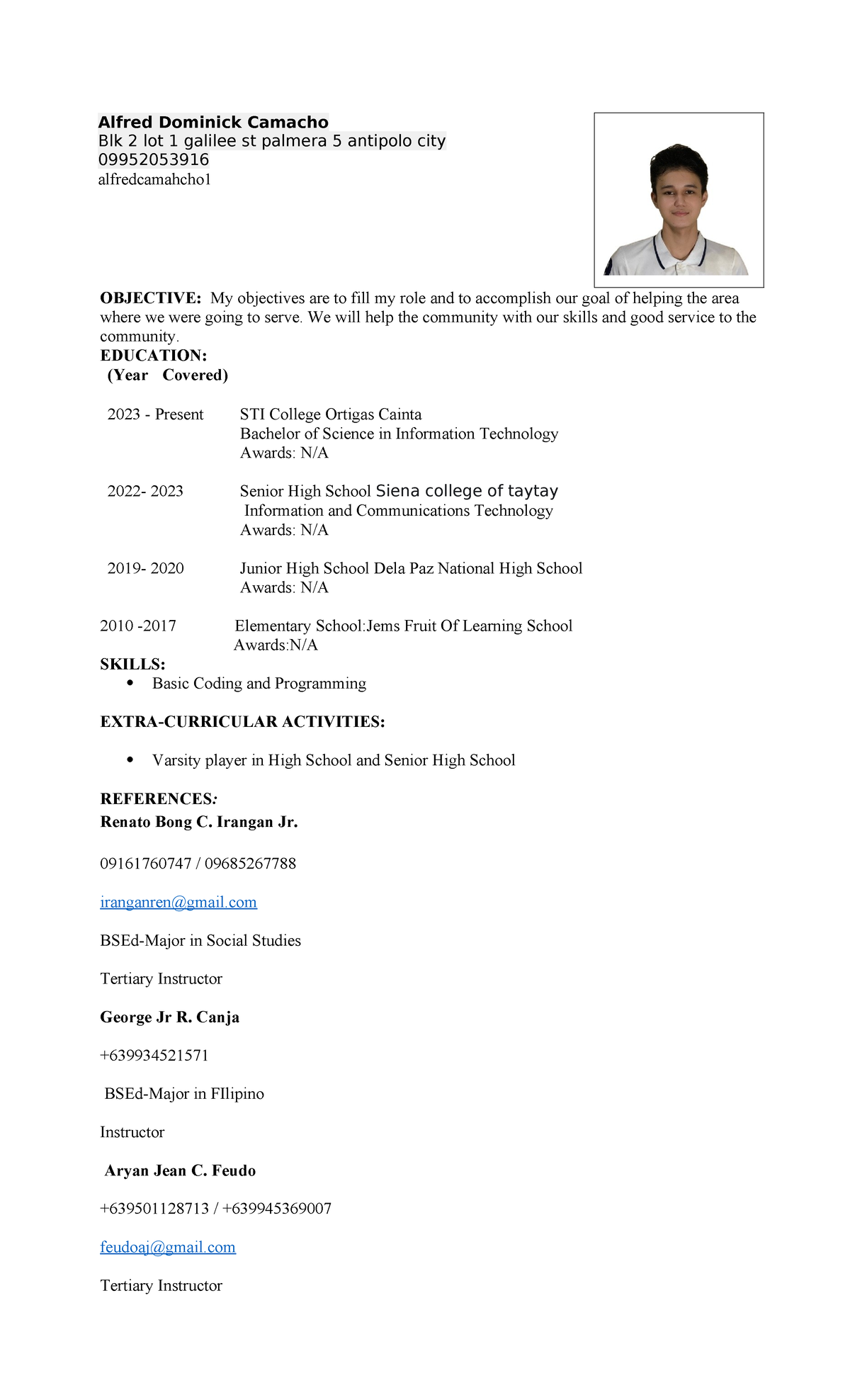 Adi - Alfred Dominick Camacho Blk 2 lot 1 galilee st palmera 5 antipolo ...