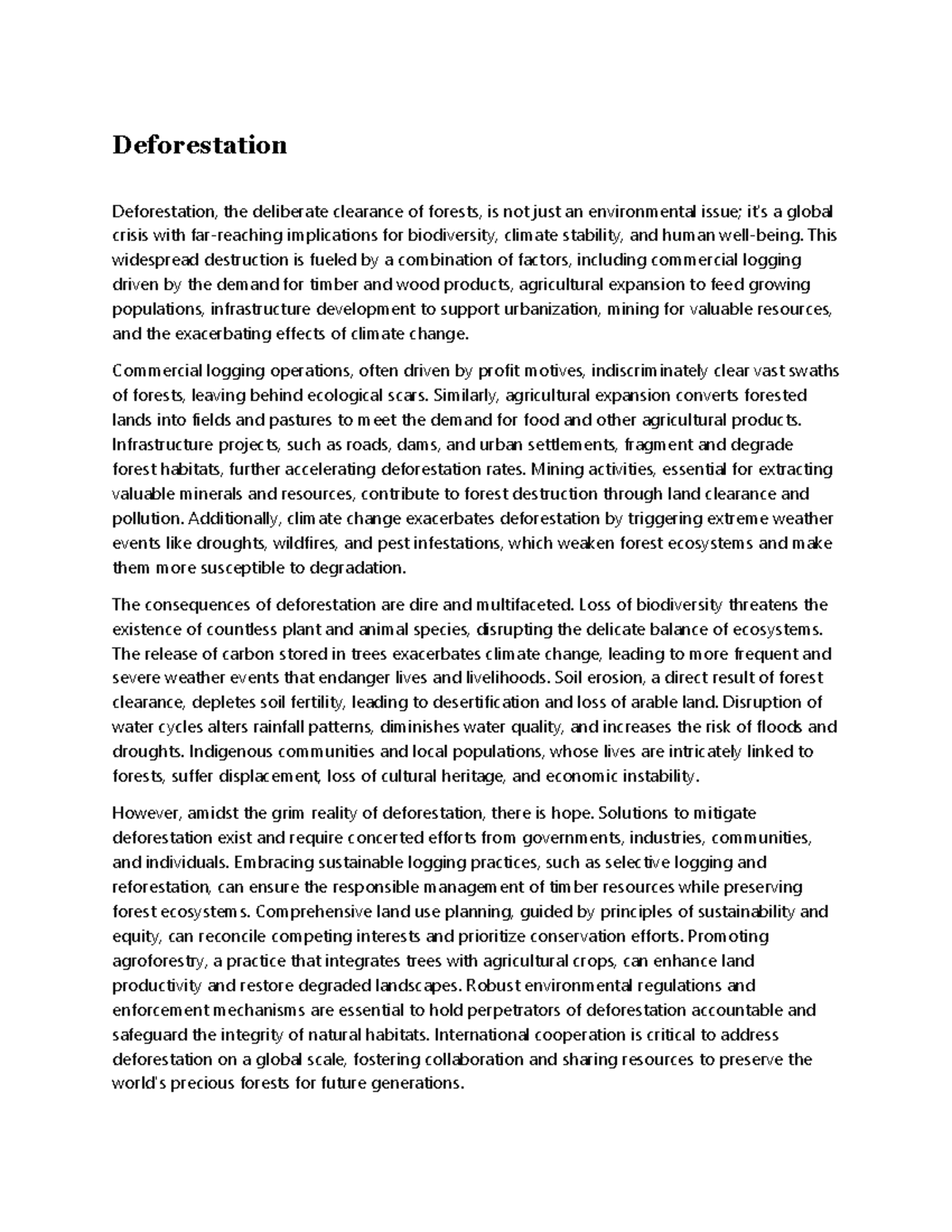 Simple topic essay - project - Deforestation Deforestation, the ...