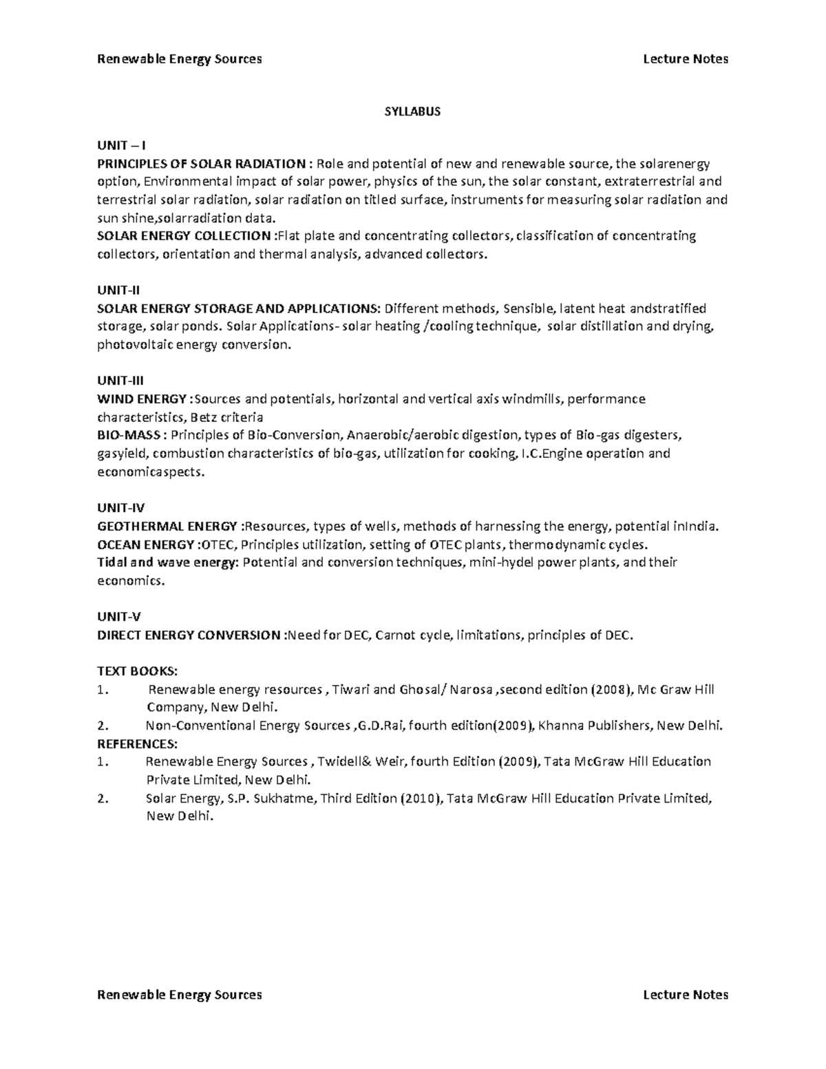 Renewable Energy Sources - SYLLABUS UNIT – I PRINCIPLES OF SOLAR ...