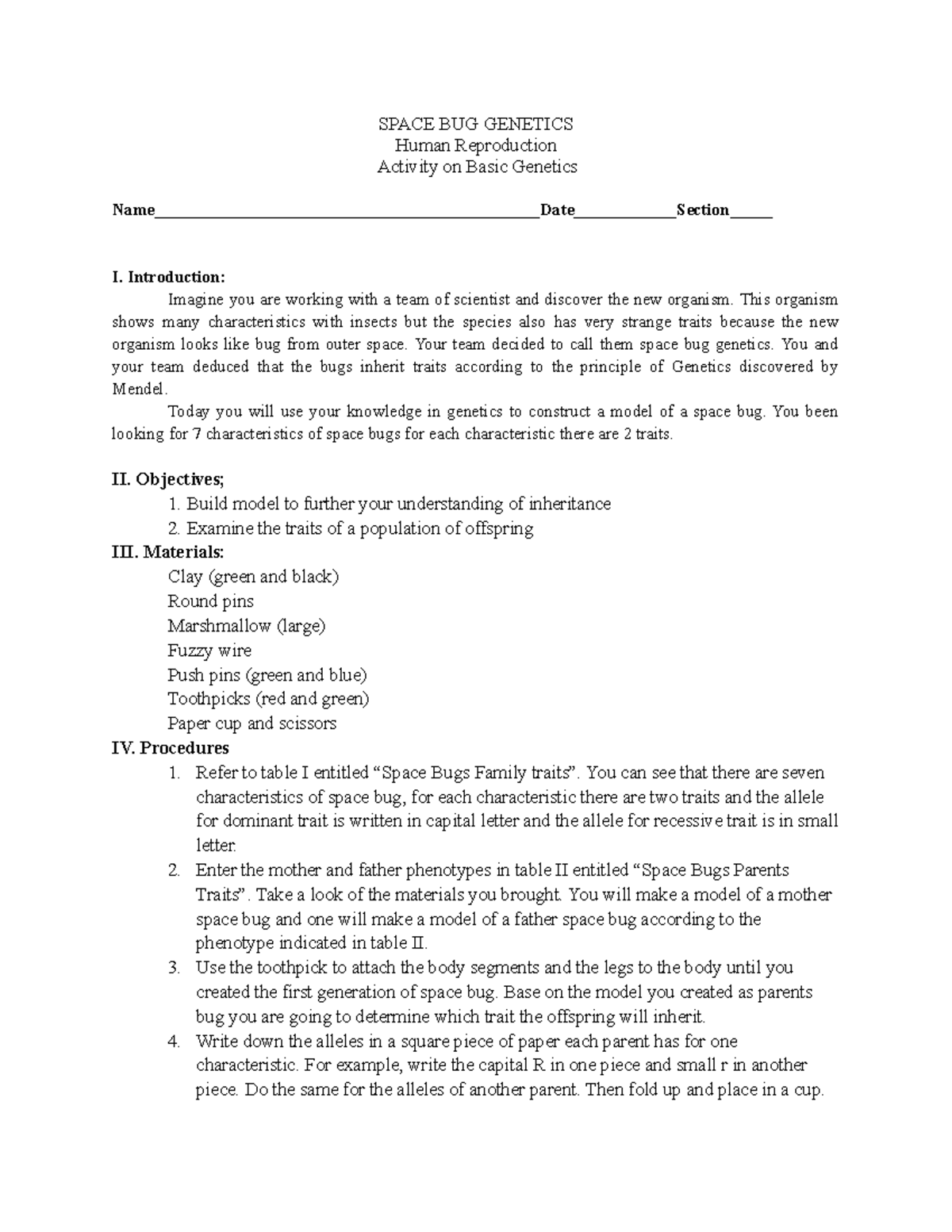 Activity- Space Bug Genetics - SPACE BUG GENETICS Human Reproduction ...