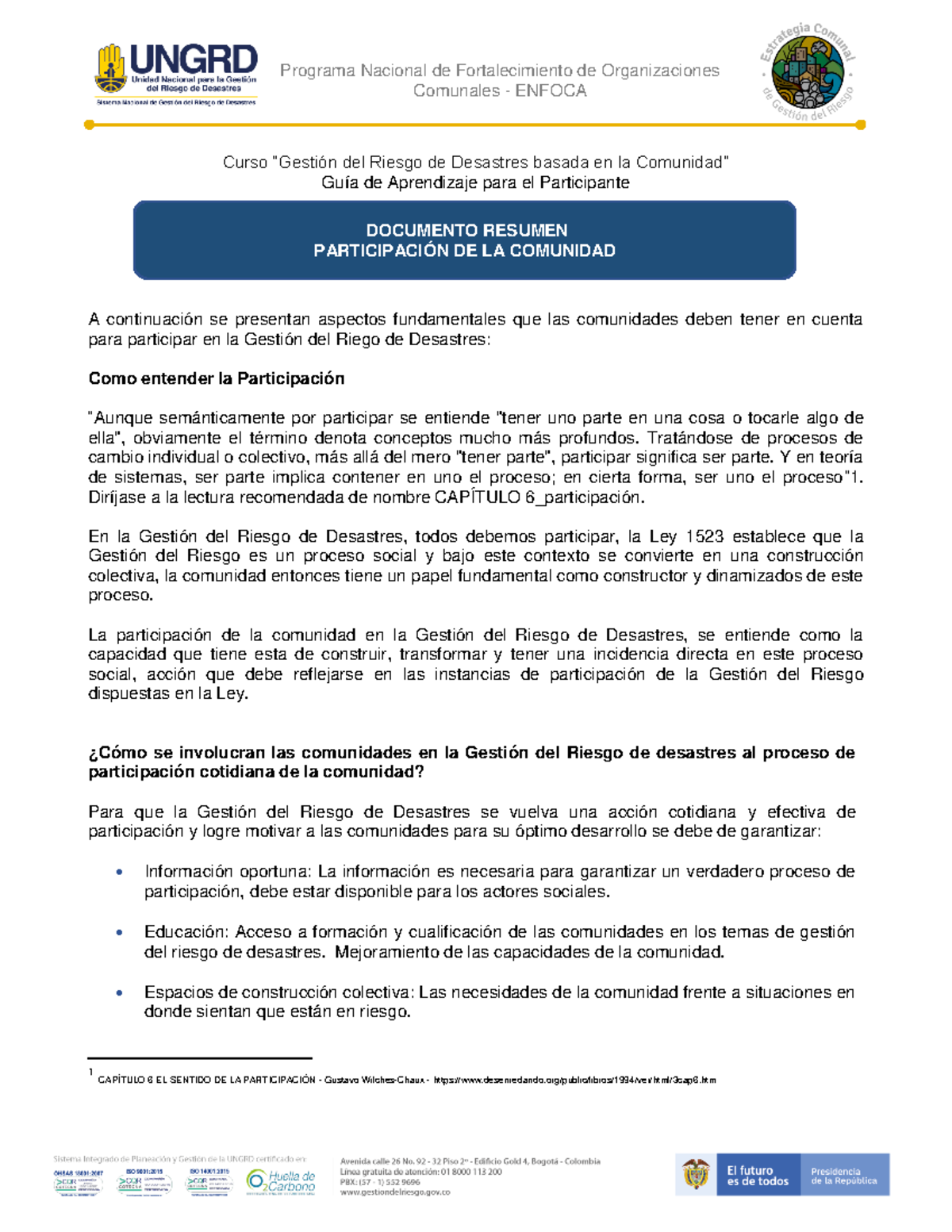 3. Documento Resumen - Programa Nacional de Fortalecimiento de Organizaciones Comunales - ENFOCA ...