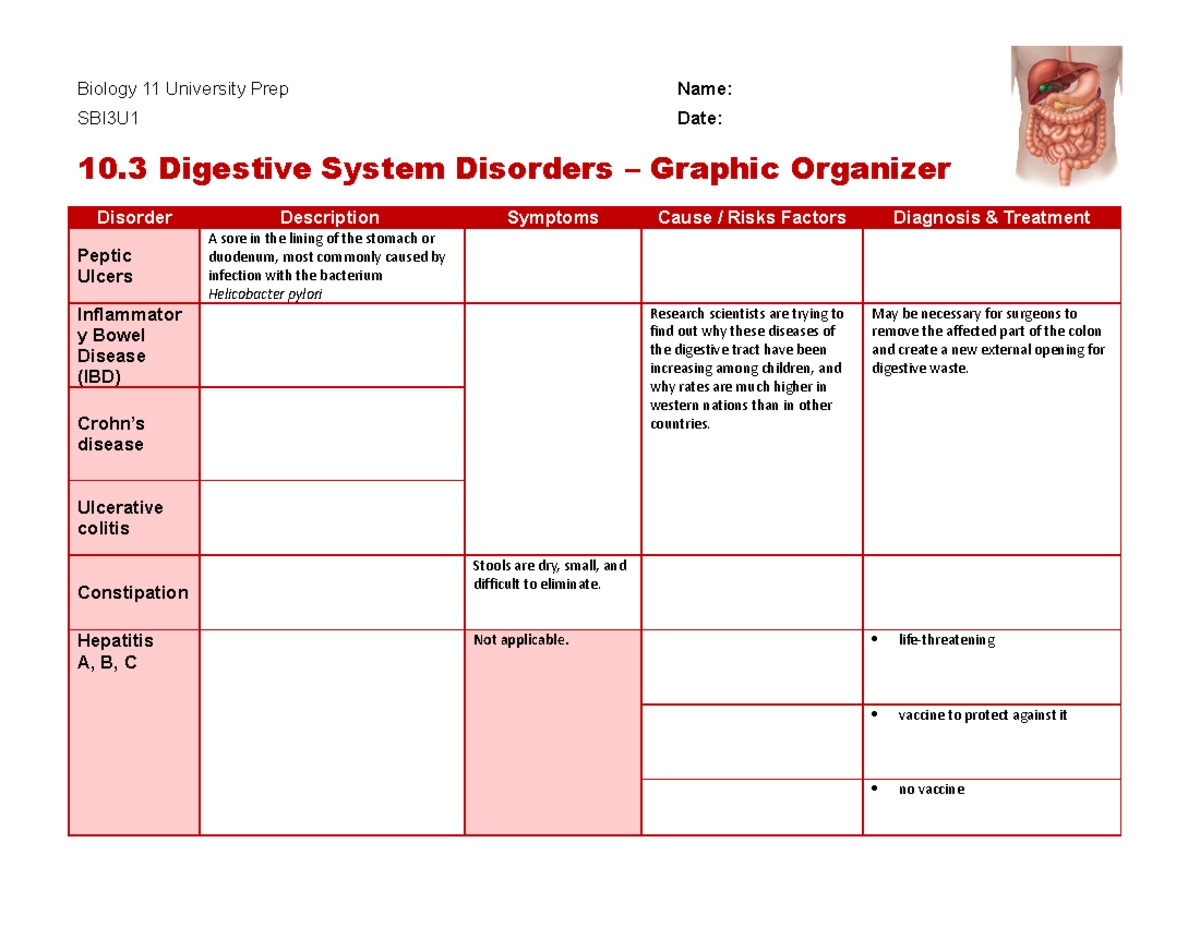 10.3 Digestive System Disorders (Organizer Worksheet) - Biology 11 ...