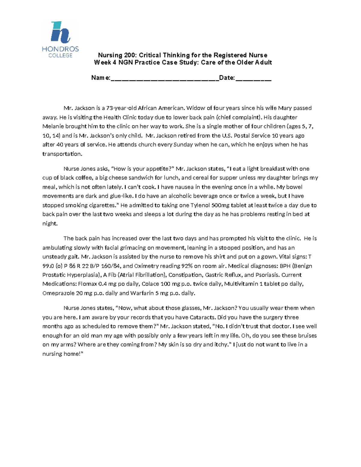 NUR200 NGN Week 4 Practice Case Study Care Of the Older Client ...