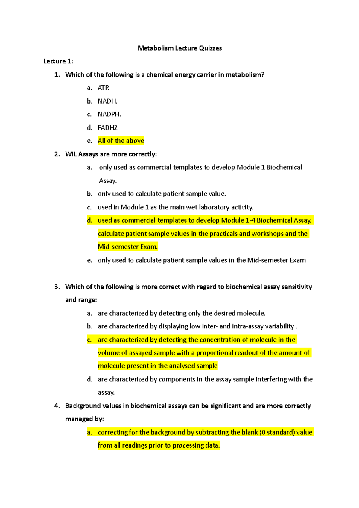 Metabolism Lecture Quizzes Metabolism Lecture Quizzes Lecture 1 Which Of The Following Is A
