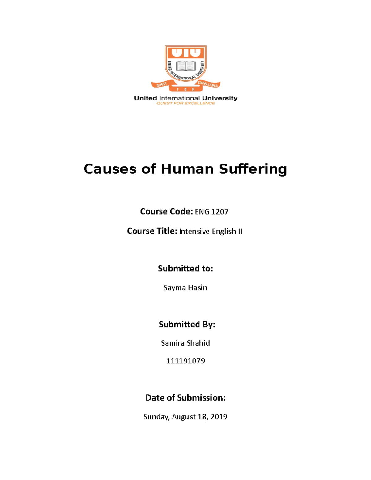 Causes of human suffering - Causes of Human Suffering Course Code: ENG ...