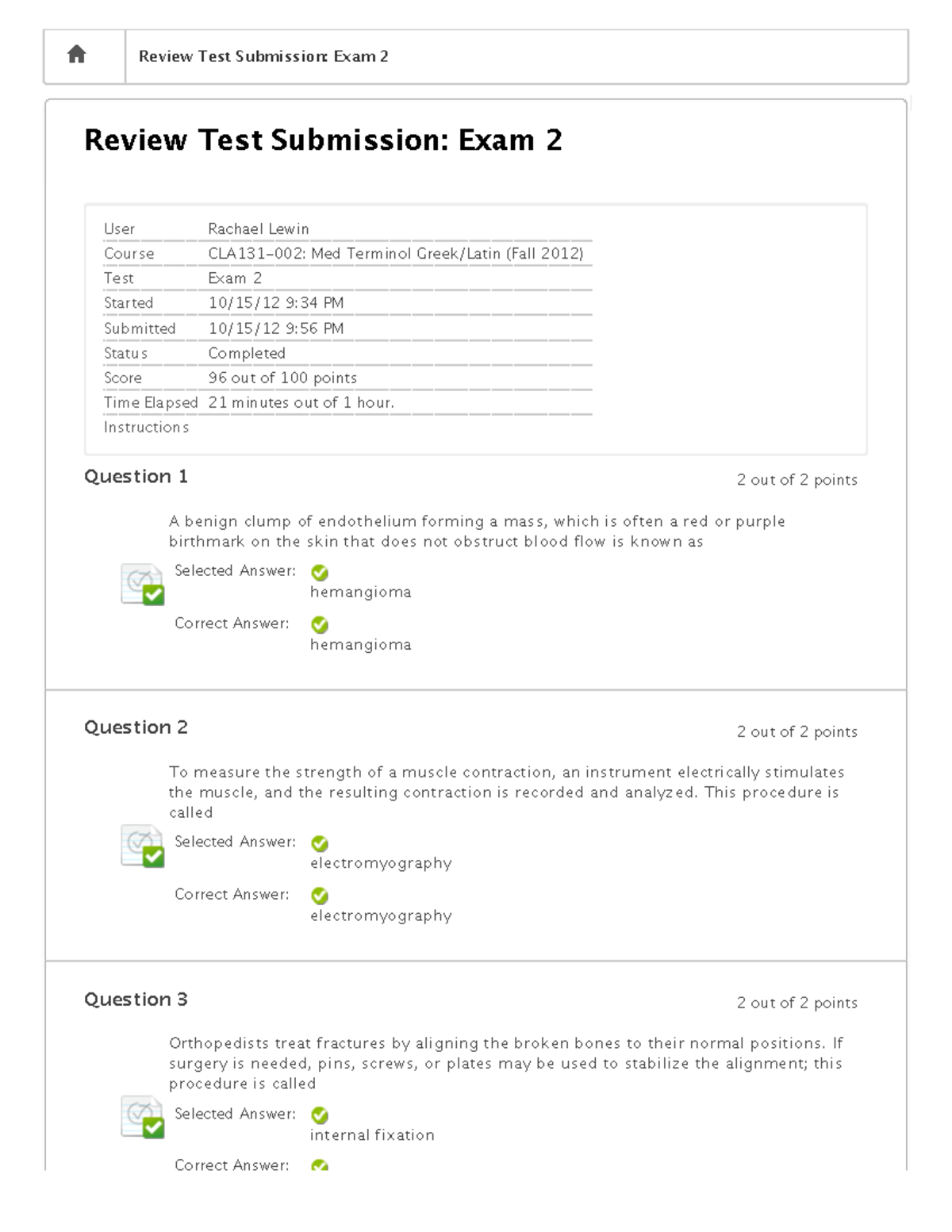 CLA131 EXAM2 - Dr. Valeri Old practice exam 2 - CL 002: H Review Test ...