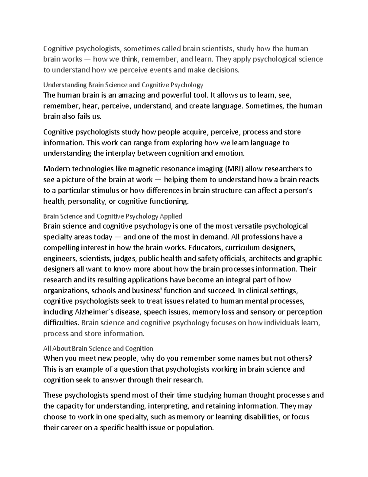 Brain Science Notes - Cognitive psychologists, sometimes called brain ...