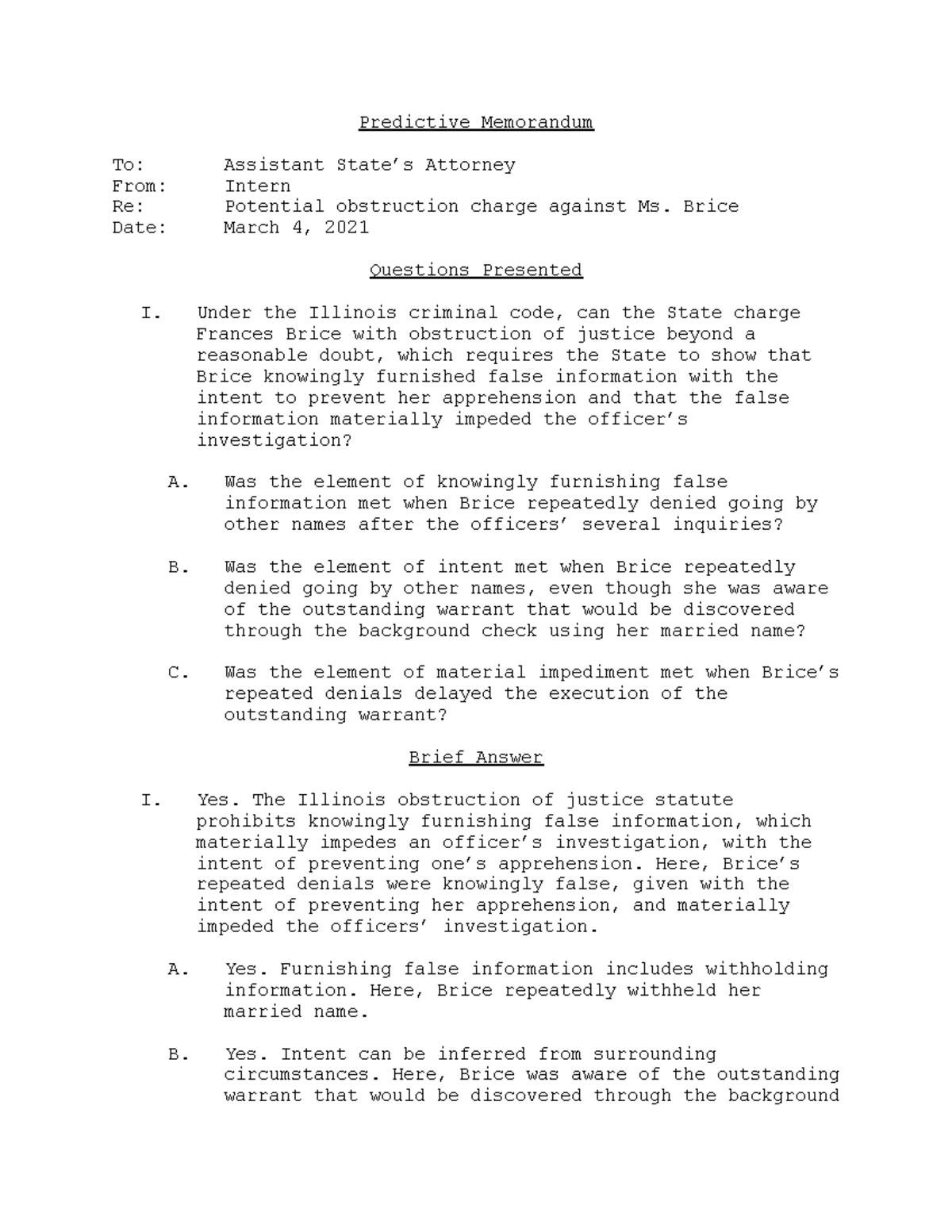 Predictive Memo - This is an example of a memo that associates write ...