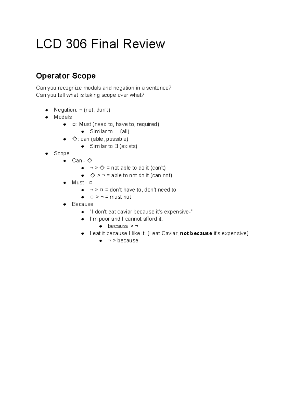 Semantics Pragmatics Final - LCD 306 Final Review Operator Scope Can ...