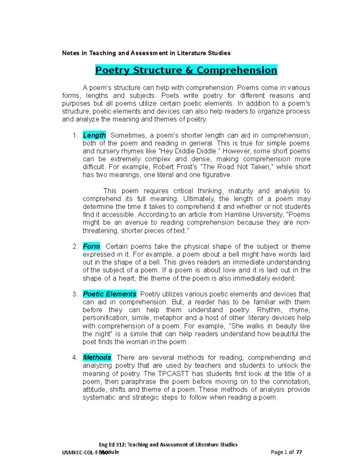 Poetry Structure & Comprehension - Notes in Teaching and Assessment in ...