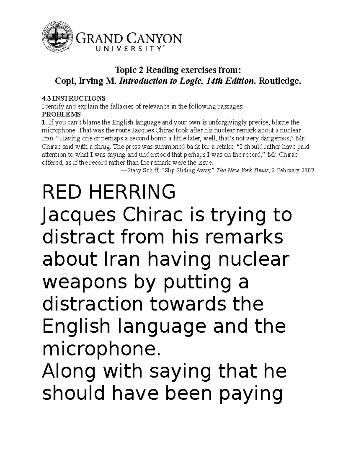 COM-362 T2 reading exercises - Topic 2 Reading exercises from: Copi, Irving M. Introduction to ...