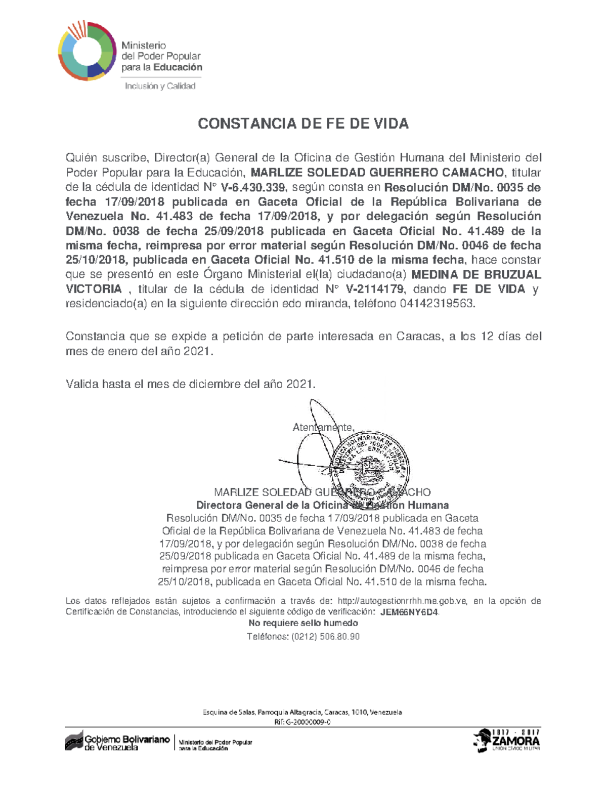 Constancia de Fe de Vida de 2114179 victoria - CONSTANCIA DE FE DE VIDA ...