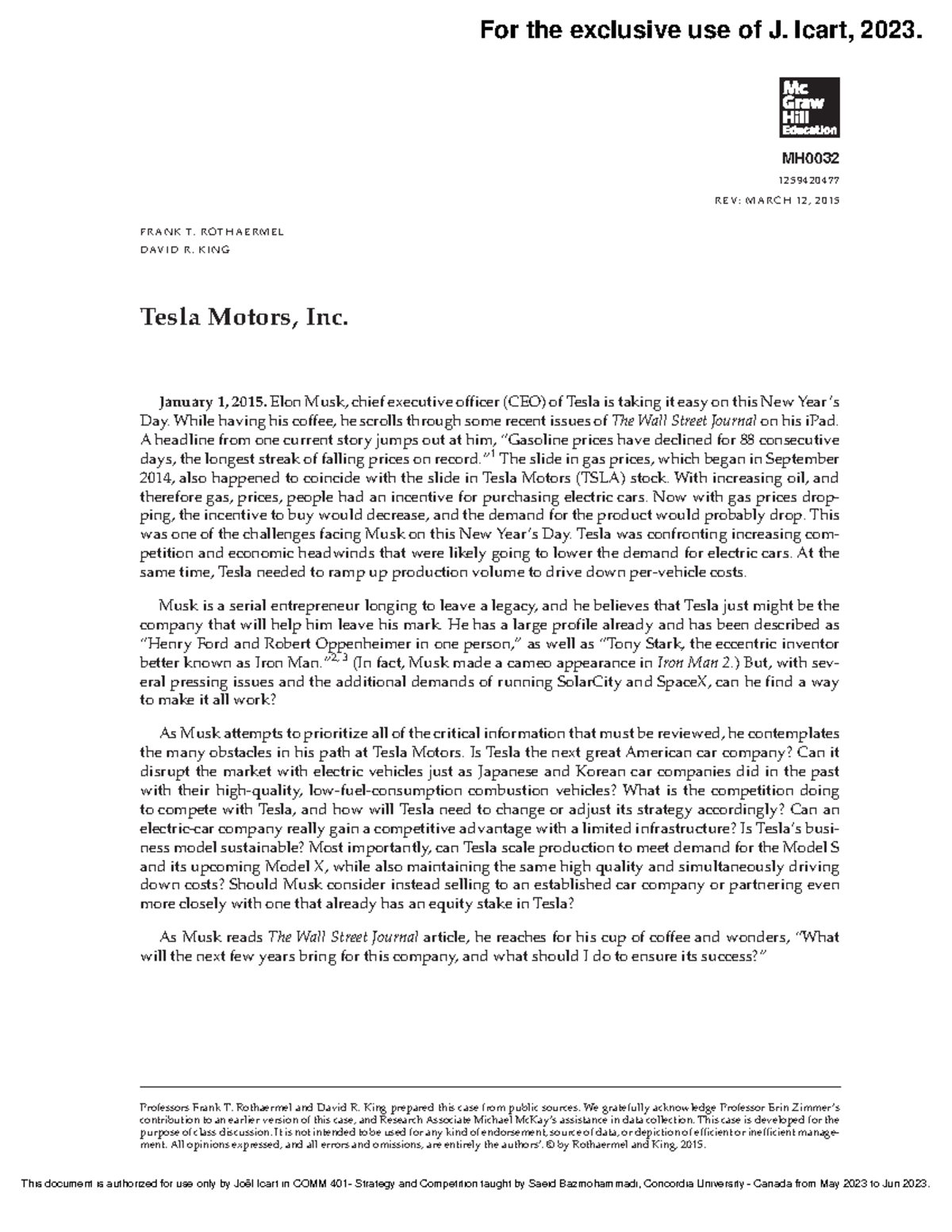 COMM 401-Tesla Case - COMM 401-Tesla Case - January 1, 2015. Elon Musk ...