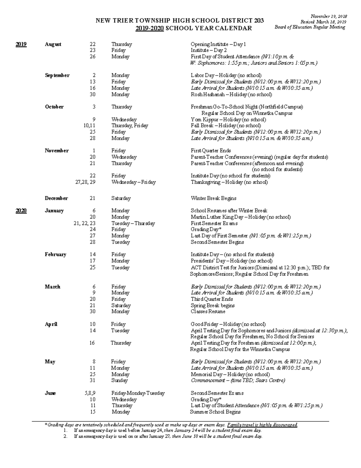 School Year Calendar 2019-2020 - November 19, 2018 Revised March 18 ...