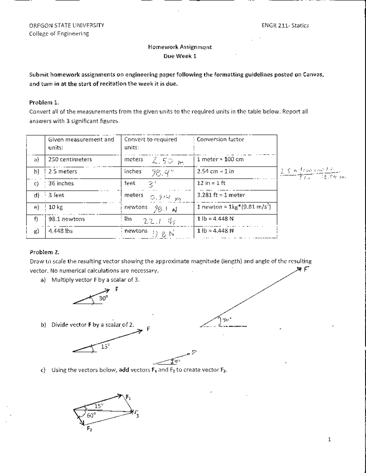 HW 1 Solution - OREGON STATE UNlVERSlTY _ ENGR 211, Statics Coilege of Engineering Homework ...